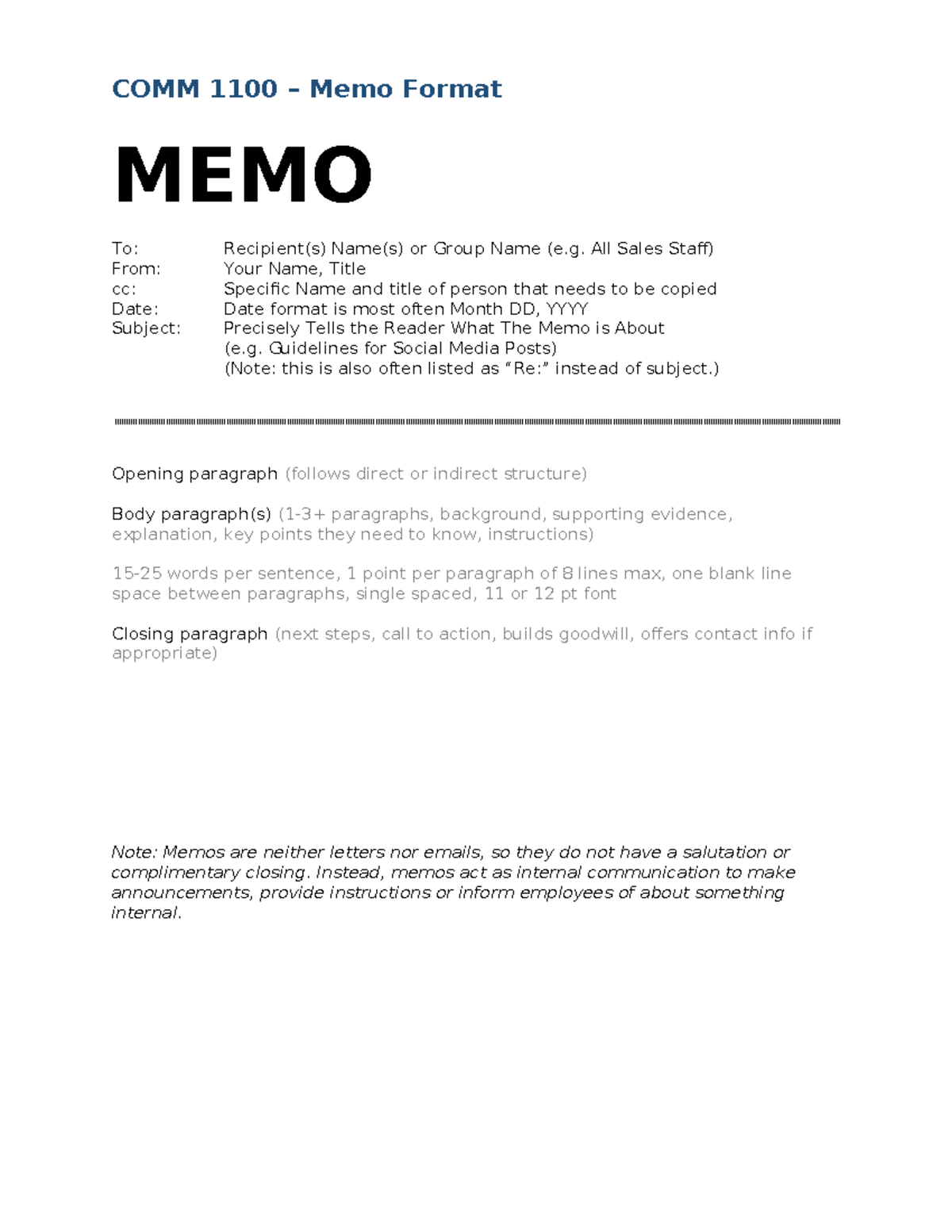 Memo format - memo - COMM 1100 – Memo Format MEMO To: Recipient(s) Name ...