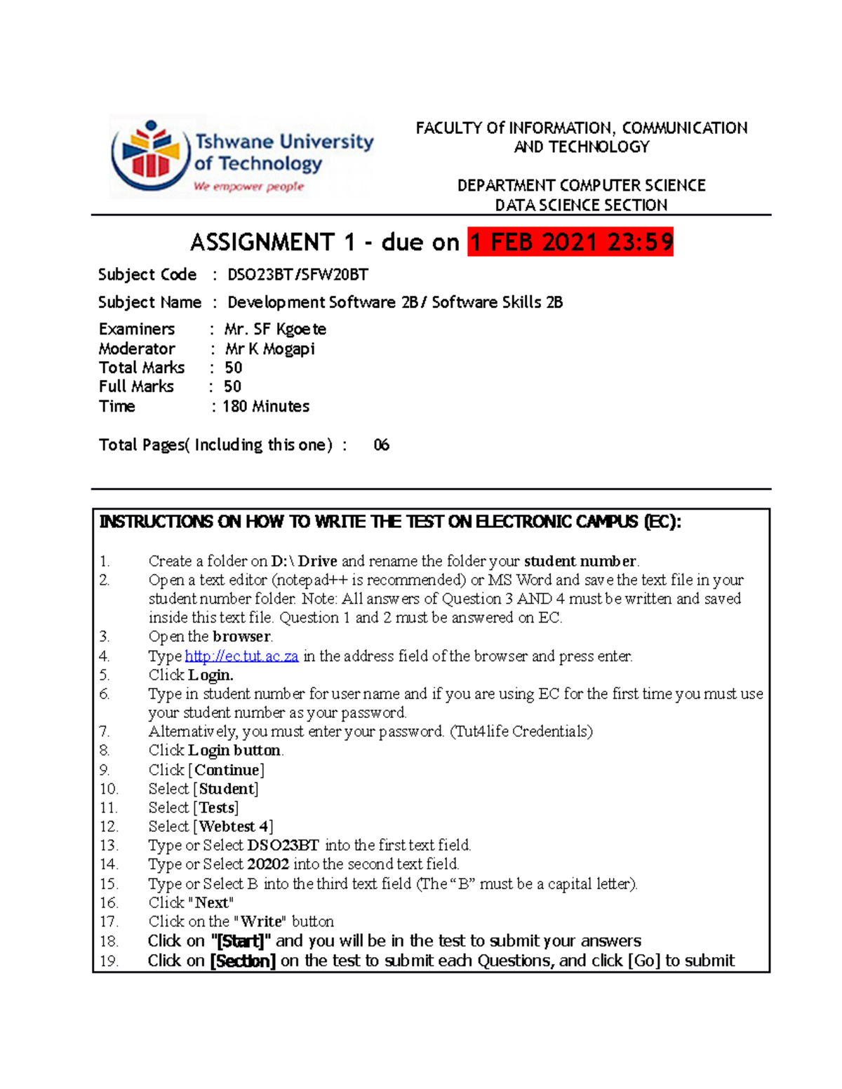 DSO23BT S1 Assignment 01 20202 Questions - DSO23BT - TUT - Studocu