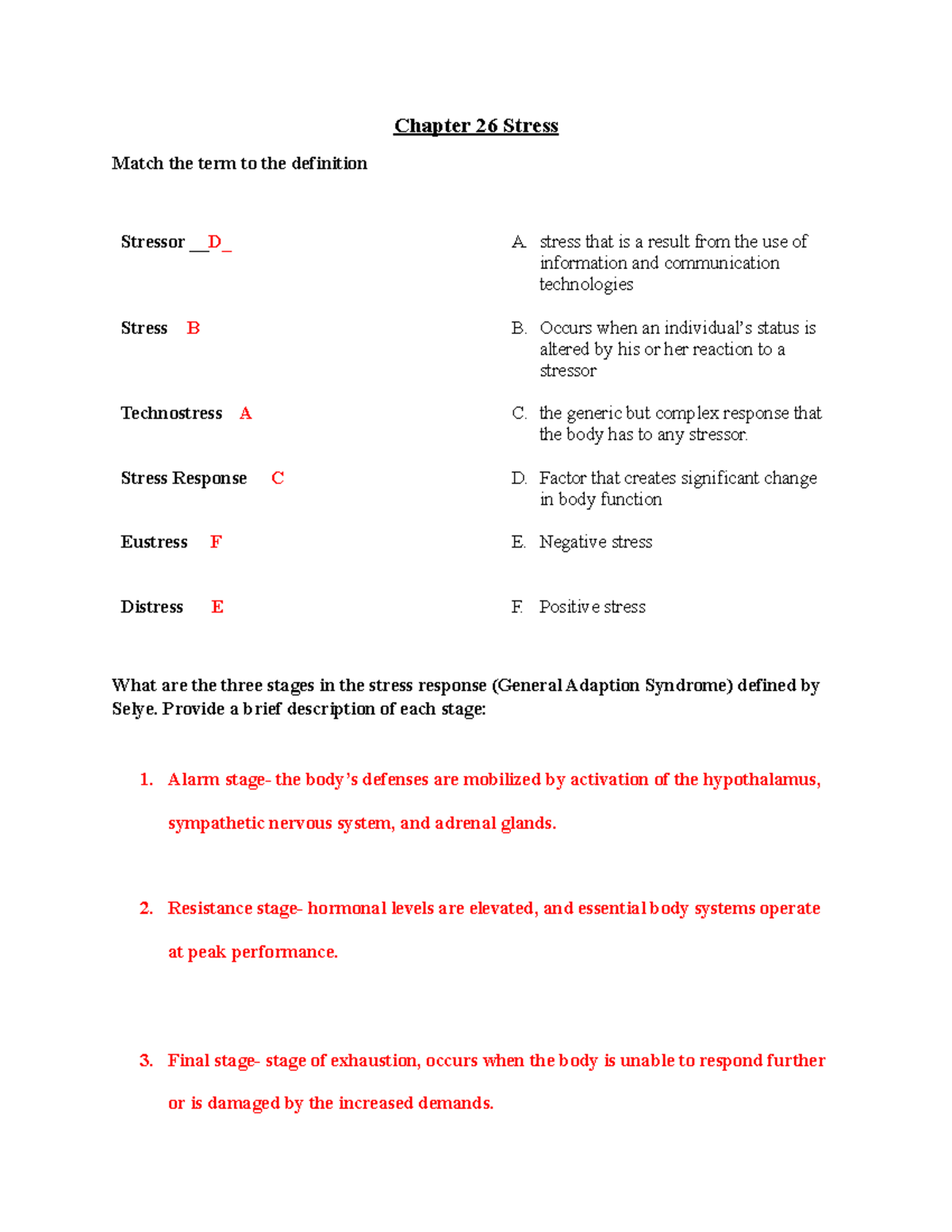 Chapter 26 Stress Worksheet Answer Key - Chapter 26 Stress Match the ...
