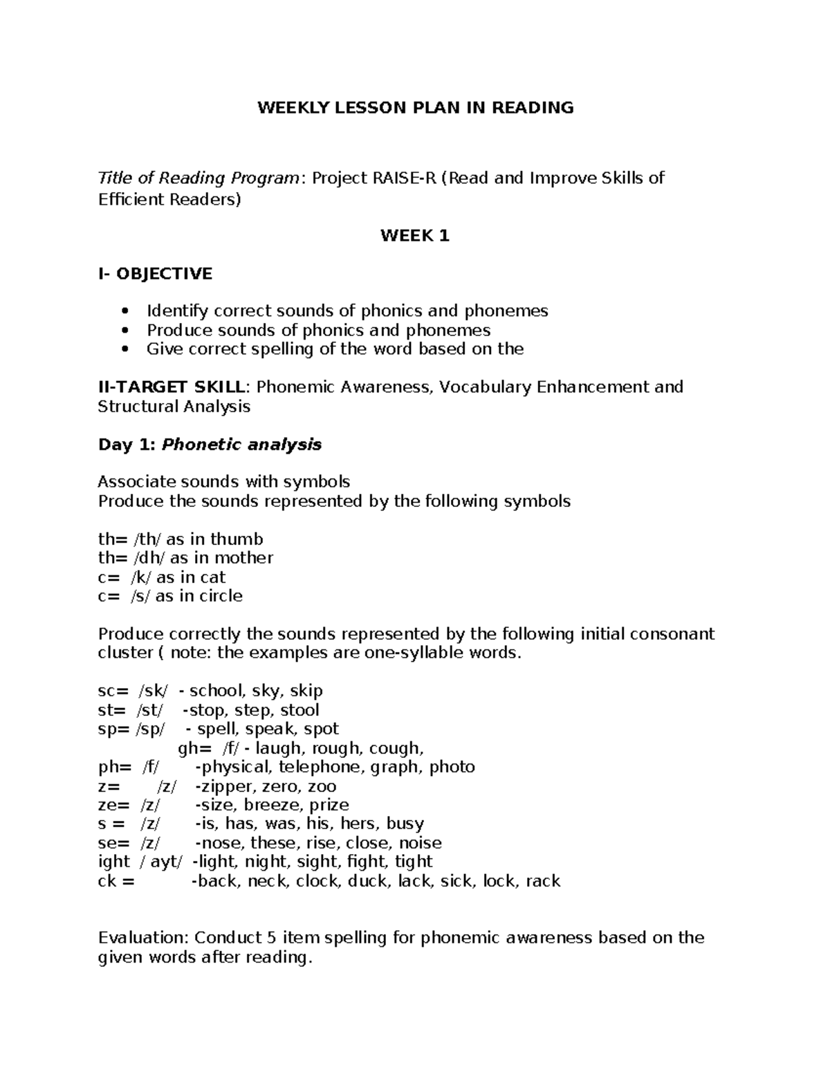 Reading WEEK-1 - 1 - WEEKLY LESSON PLAN IN READING Title of Reading ...