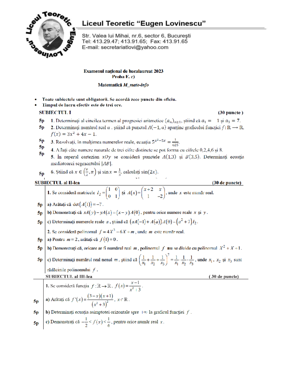 Simulare bac 2023 - matematica - Matematica - Studocu