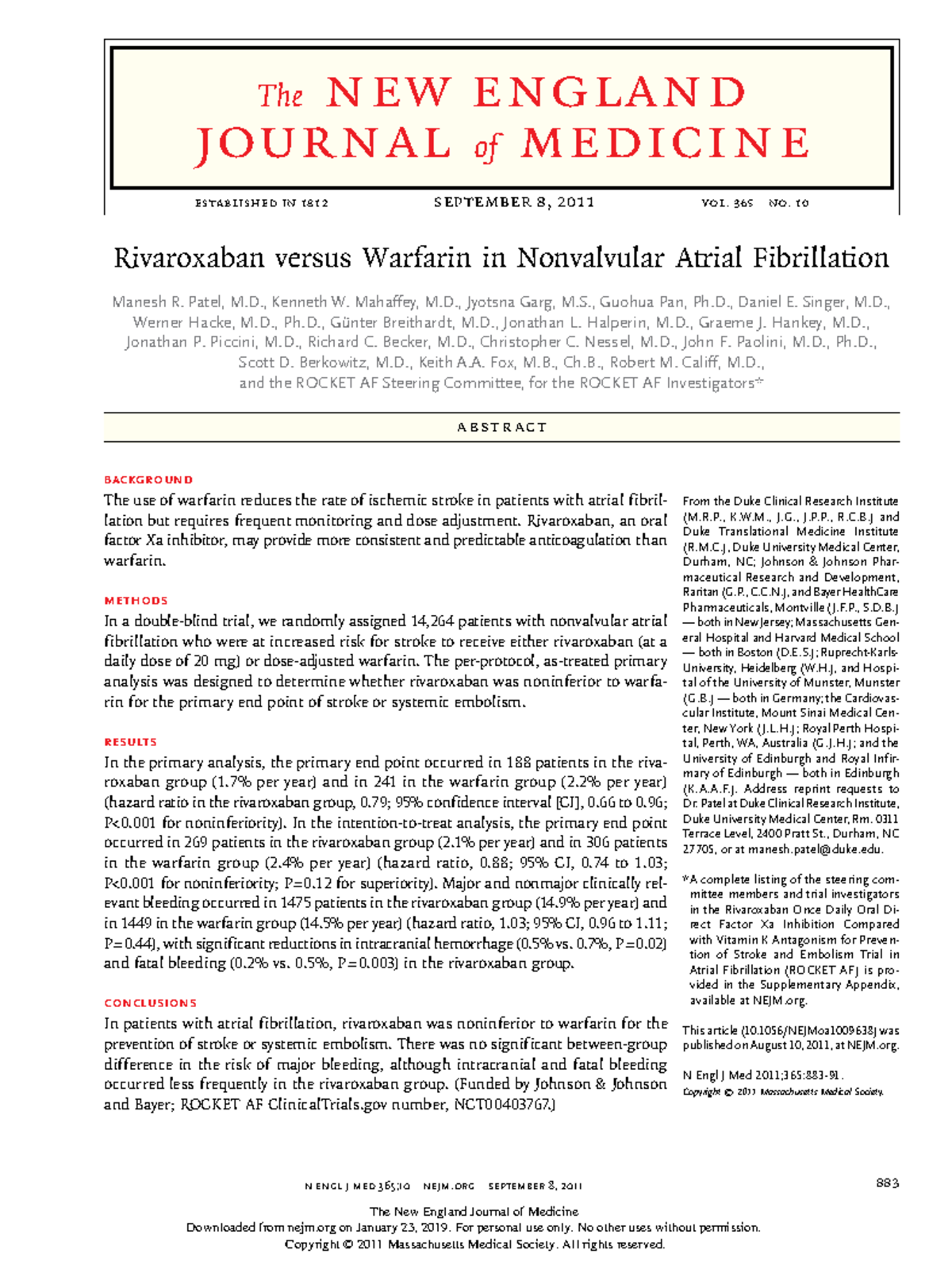 Rocket - NEJM 2011 - n engl j med 365;10 nejm september 8 , 2011 883 ...