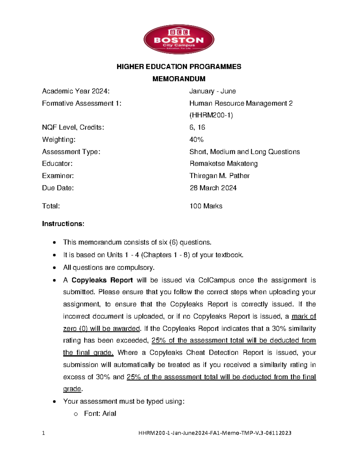 HHRM200 1 Jan Jun2024 FA1 Memo TMP V - HIGHER EDUCATION PROGRAMMES ...