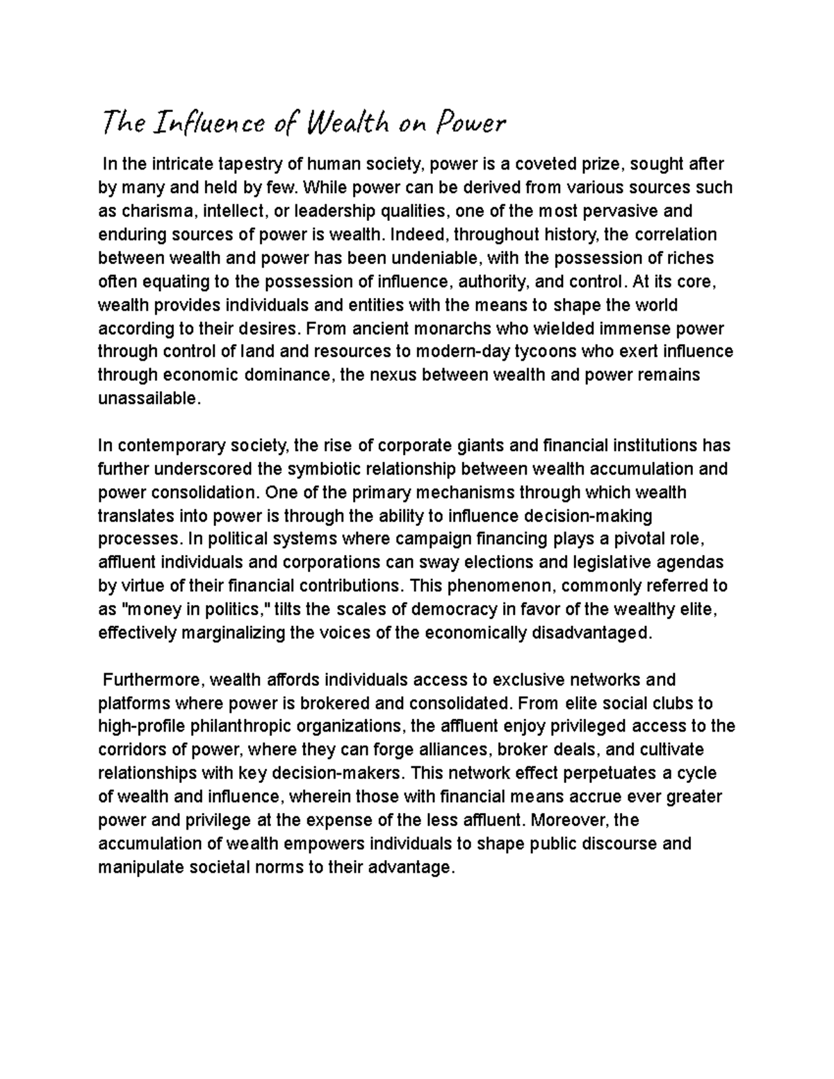 The Influence of Wealth on Power - The Influ of Wel on Pow In the ...