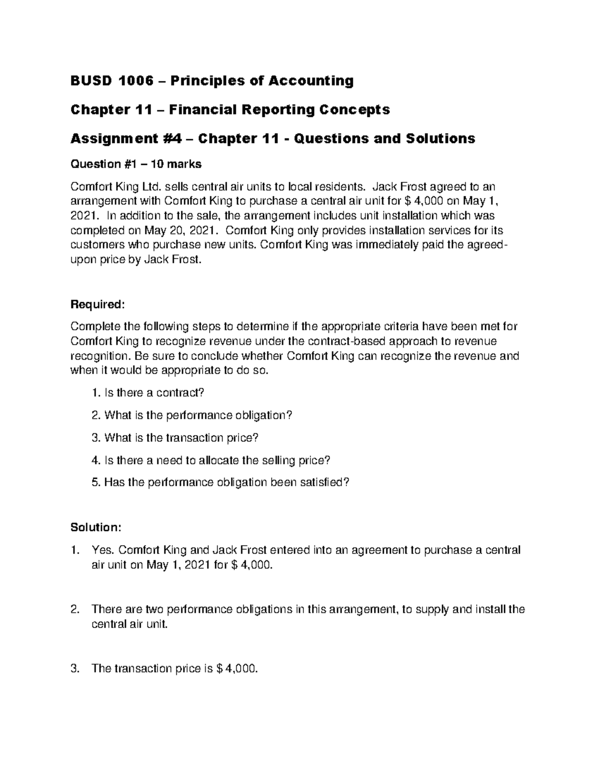 BUSD 1006 - Assignment #4 - Chapter 11 - Questions and Solutions - BUSD ...