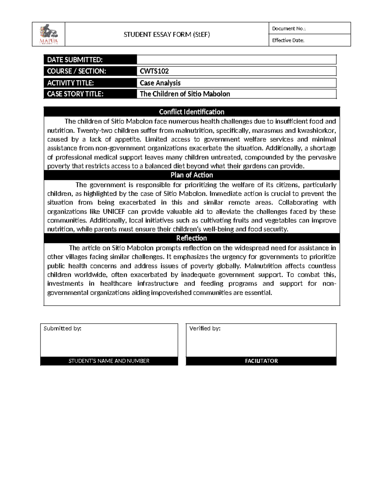 Form - Case analysis Essay The Children of Sitio Mabolon - STUDENT ...