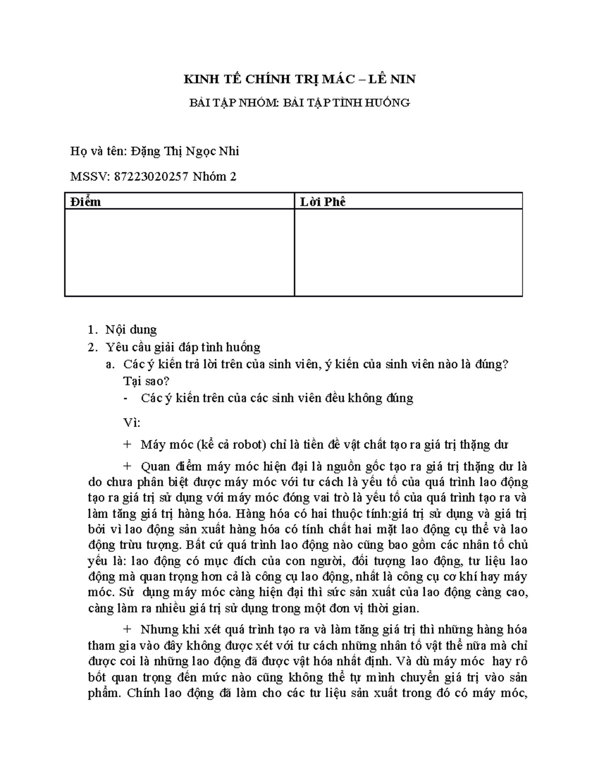 KTCT MLN - NGỌC NHI - NHÓM 2 - TÌNH HUỐNG - KINH TẾ CHÍNH TRỊ MÁC – LÊ NIN BÀI TẬP NHÓM: BÀI TẬP ...