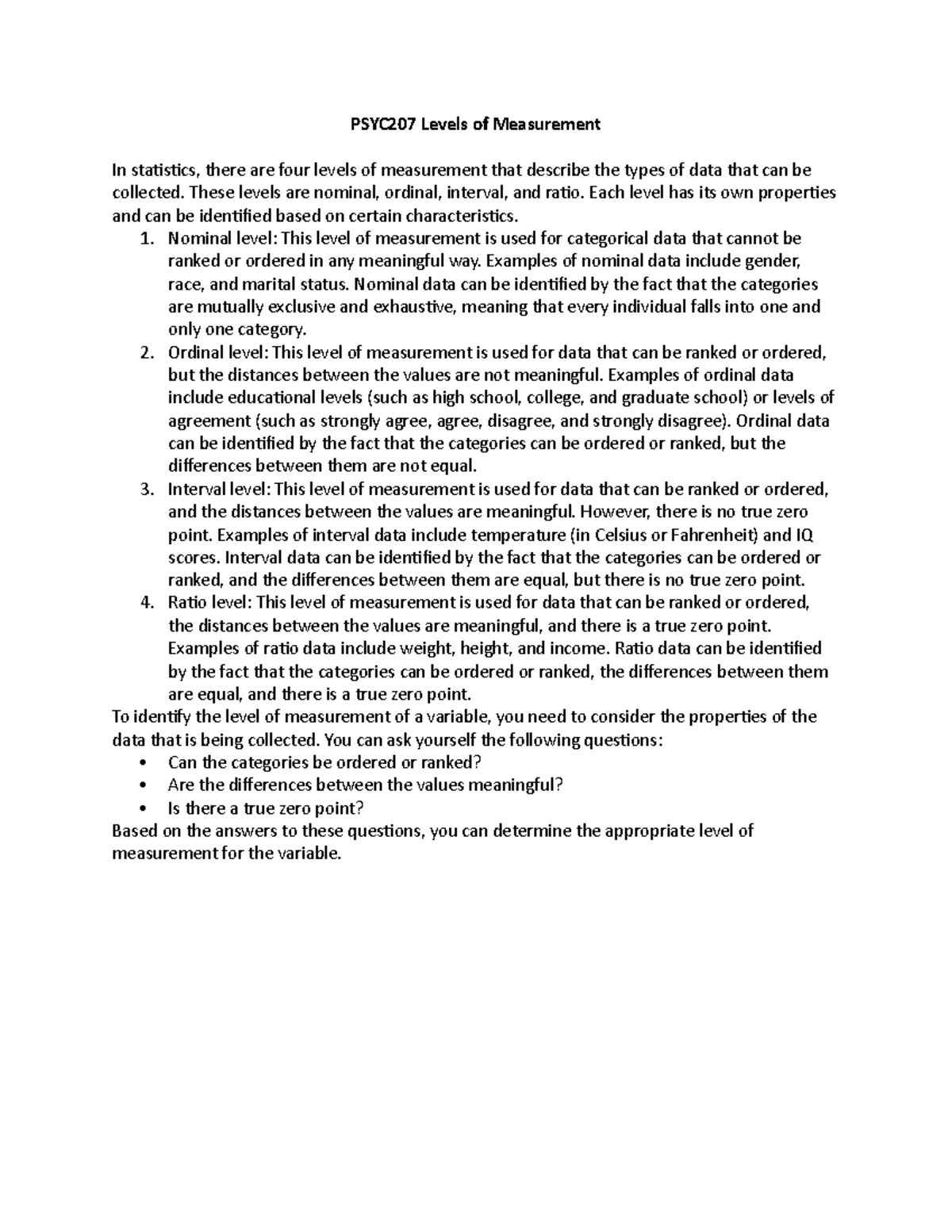 PSYC207 Levels of Measurement - These levels are nominal, ordinal ...