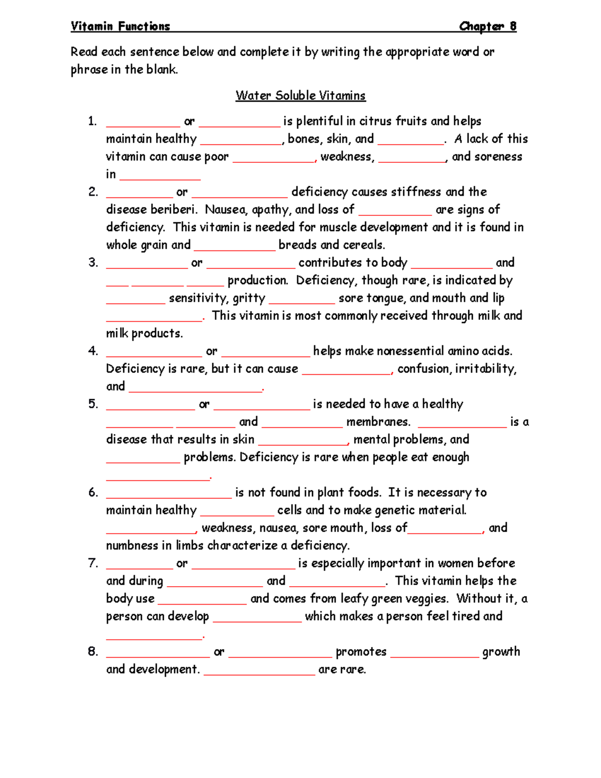 Vitamin Functions Activity - Vitamin Functions Chapter 8 Read each ...