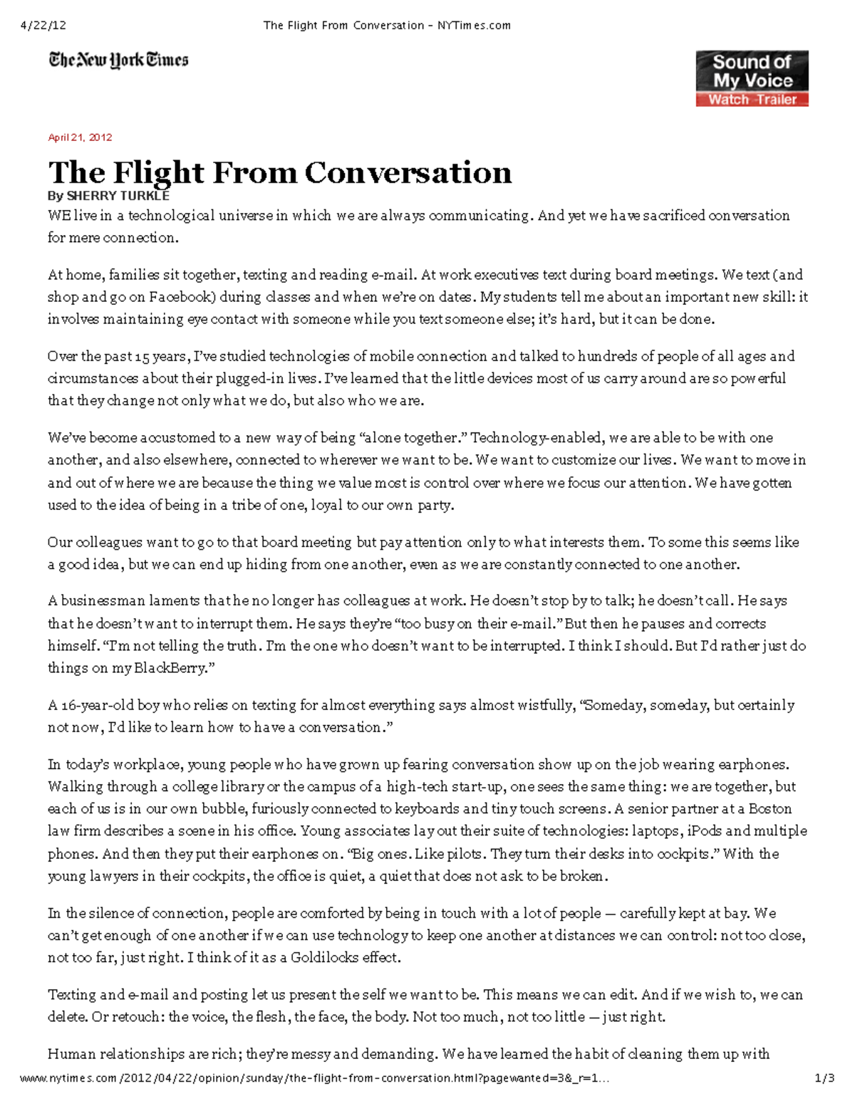 The Flight From Conversation NYTimes - 4/22/12 The Flight From ...