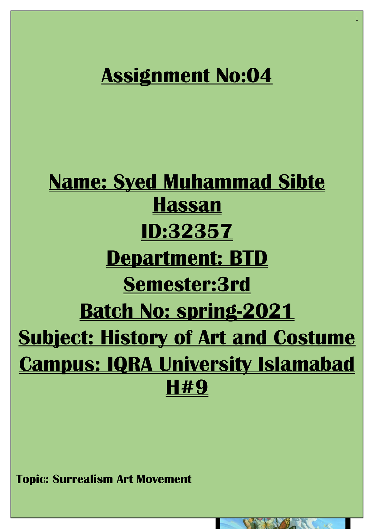 Costume assignment 4 - preparation material - 1 Assignment No: Name ...