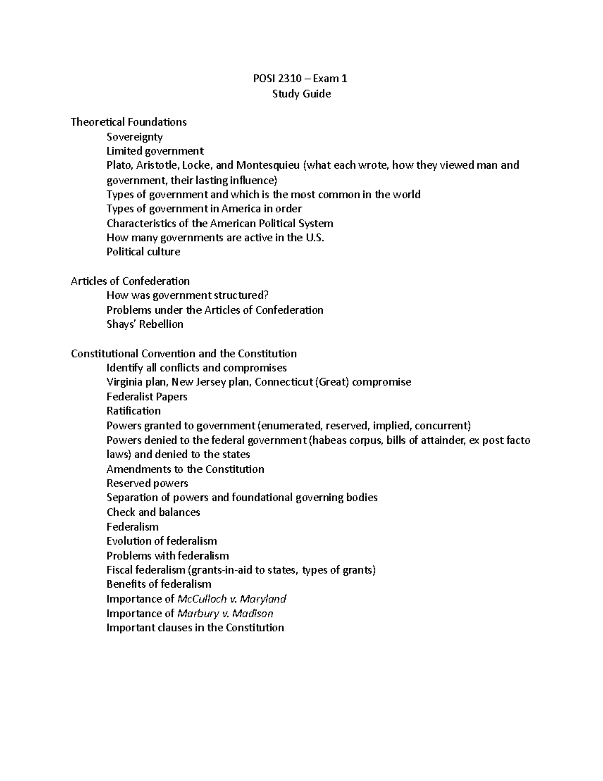 POSI 2310 - Study Guide Exam 1-1 - POSI 2310 – Exam 1 Study Guide ...