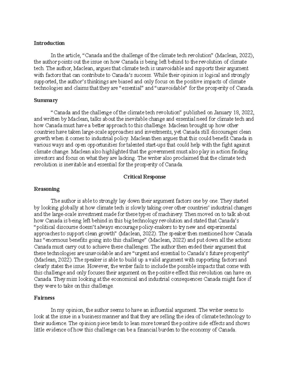 Critique Essay Final - EXAMPLES - Introduction In the article, “Canada ...