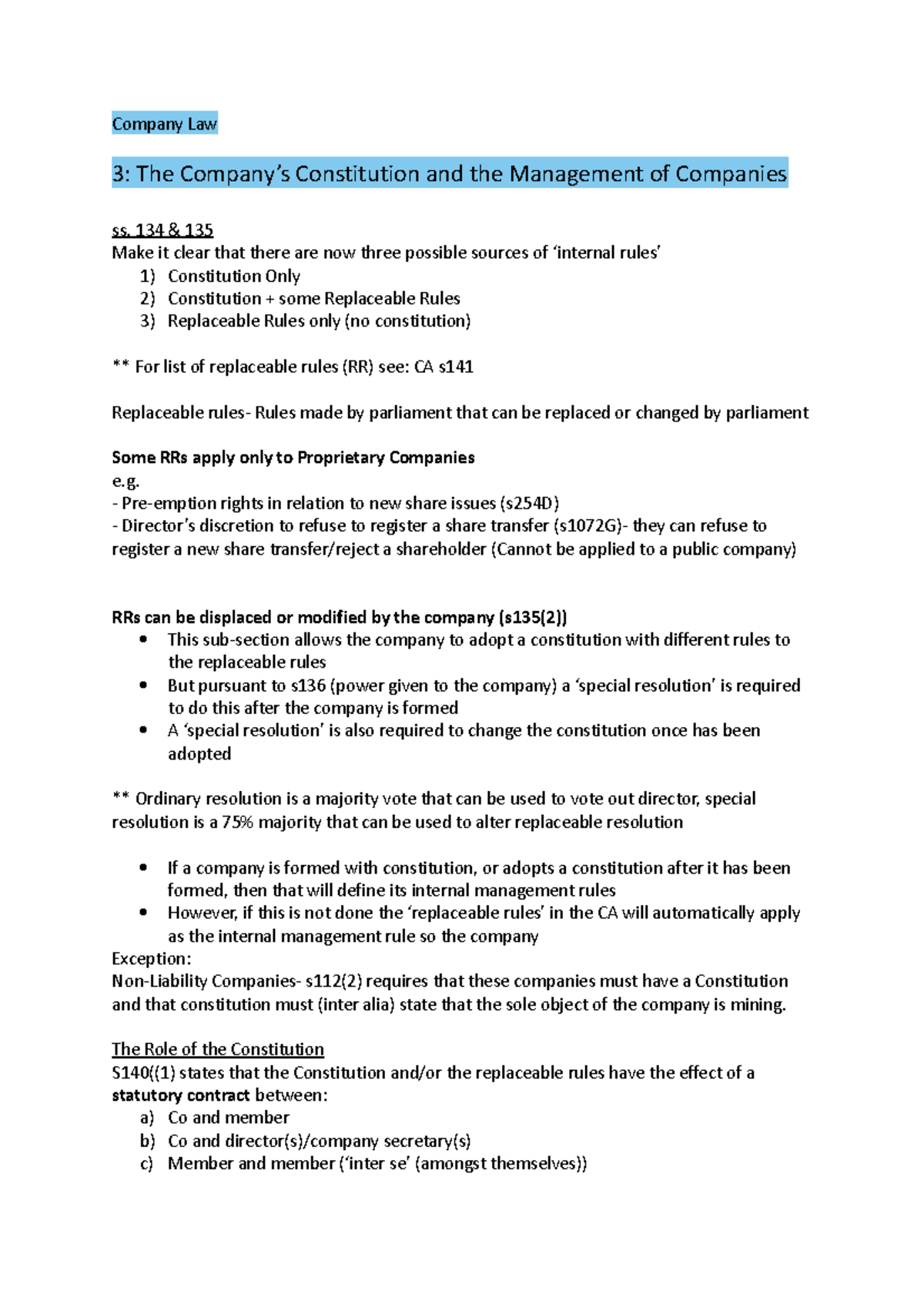 Company Consitution and management - Company Law 3: The Company’s Constitution and the ...