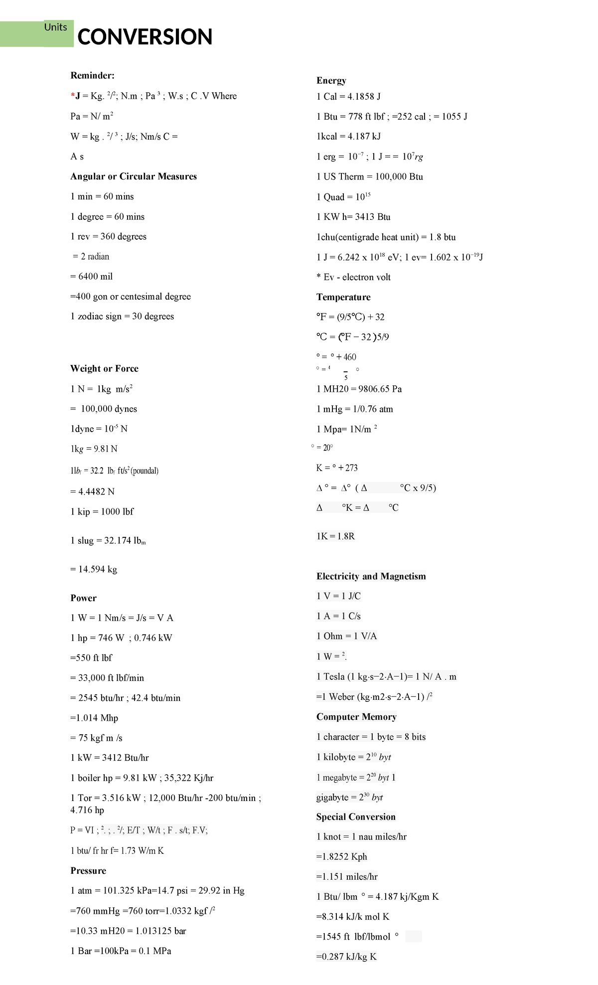 Conversion - CONVERSION Reminder: *J = Kg. 2 / 2 ; N ; Pa 3 ; W ; C .V ...