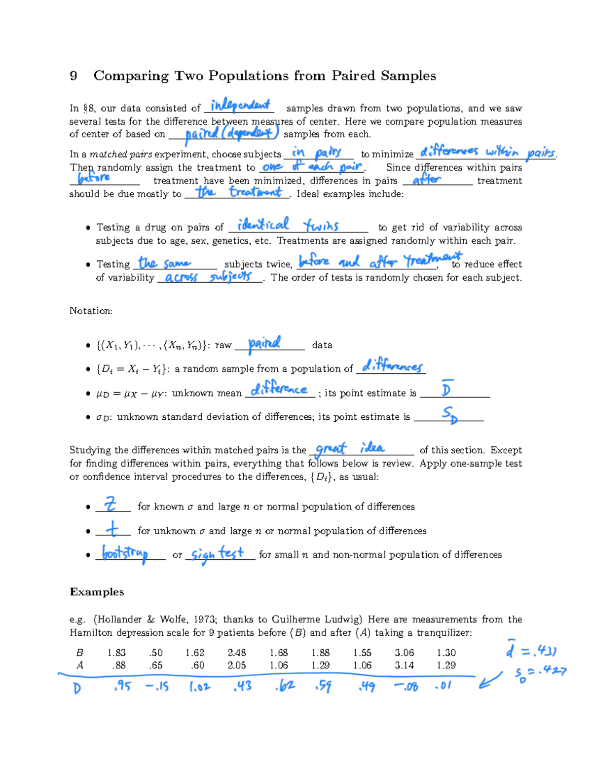 9paired Tests - Lecture notes 9 - 9 Comparing Two Populations from ...