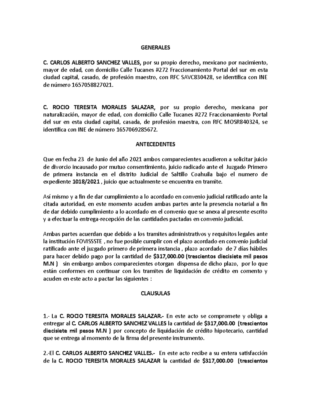 Recibo Notarial Rocio Y Carlos - GENERALES C. CARLOS ALBERTO SANCHEZ ...
