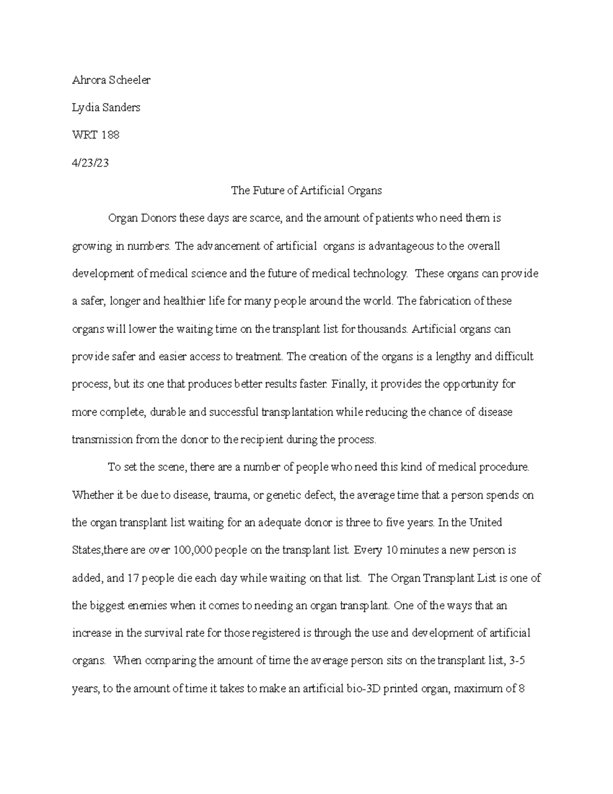 Final essay wrt-4 - Ahrora Scheeler Lydia Sanders WRT 188 4/23/ The ...