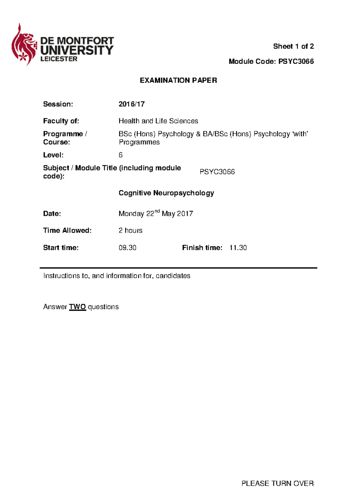 Cognitive Neuropsychology - Sheet 1 of 2 Module Code: PSYC3066 ...
