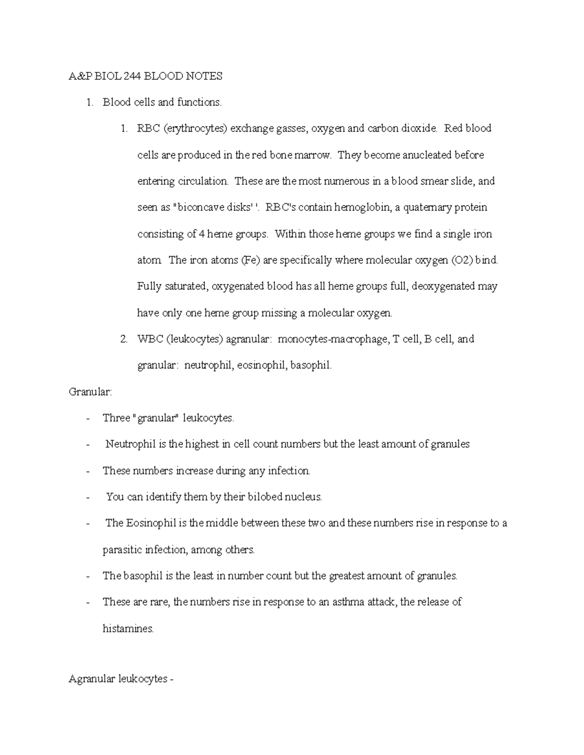 BIOL 244 Blood Notes - A&P BIOL 244 BLOOD NOTES Blood cells and ...