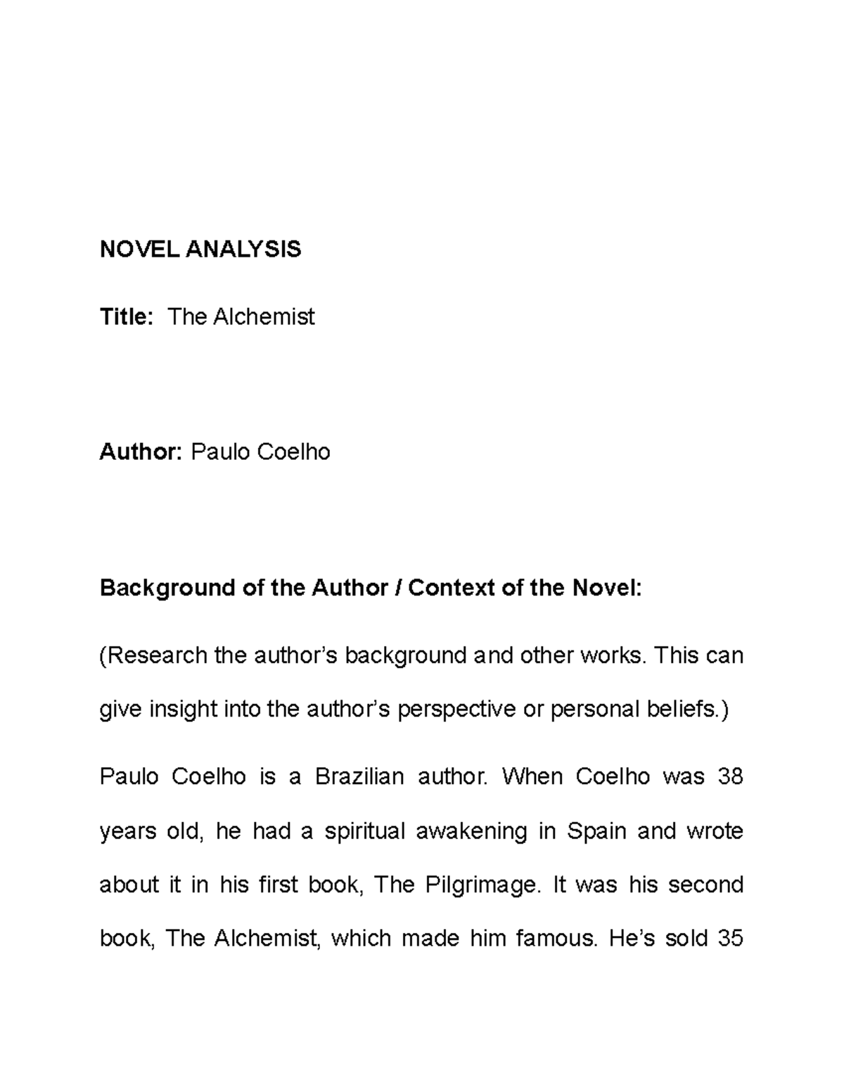 The alchemist Novel-Analysis-Format - NOVEL ANALYSIS Title: The ...