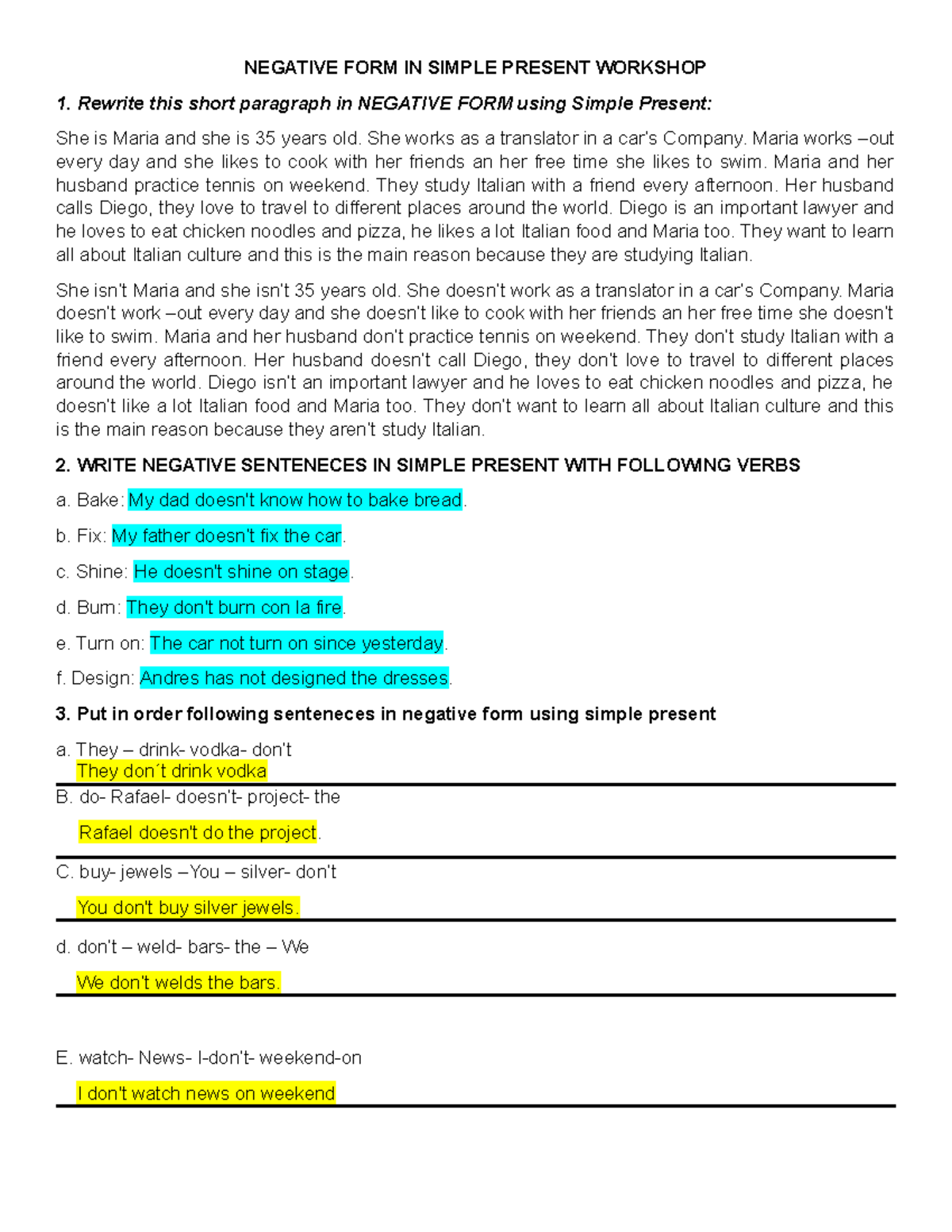 Negative FORM IN Simple Present Workshop - NEGATIVE FORM IN SIMPLE ...