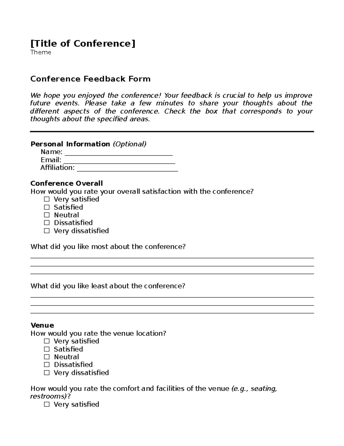 4 Feedback FORM Template - [Title of Conference] Theme Conference ...