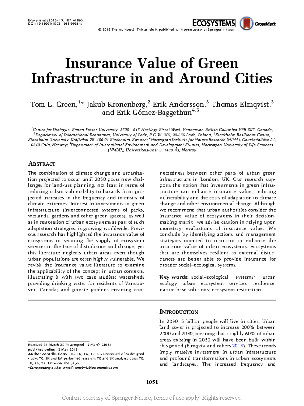 Insurance Value of Green Infrastructure in and Aro - Insurance Value of ...