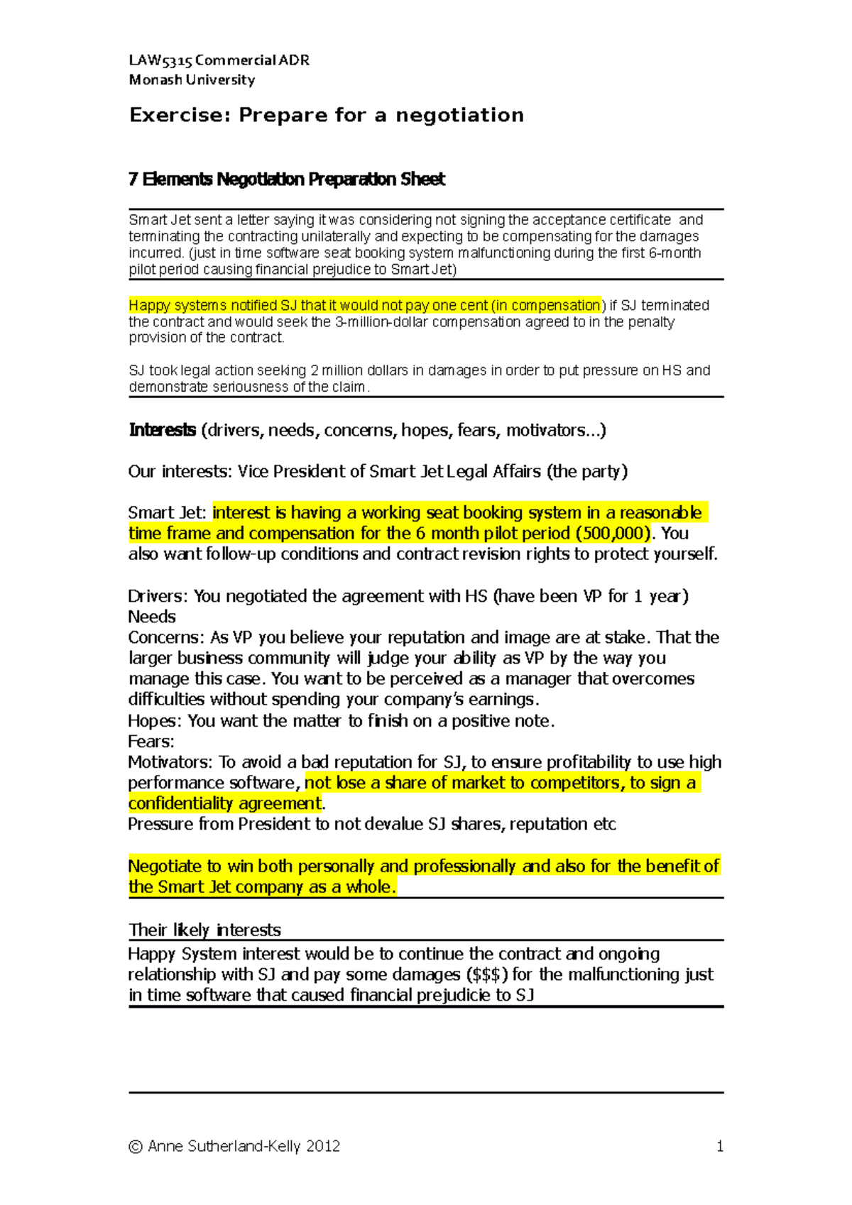 7 Elements prep sheets- smart jets - Monash University Exercise: Prepare for a negotiation 7 ...