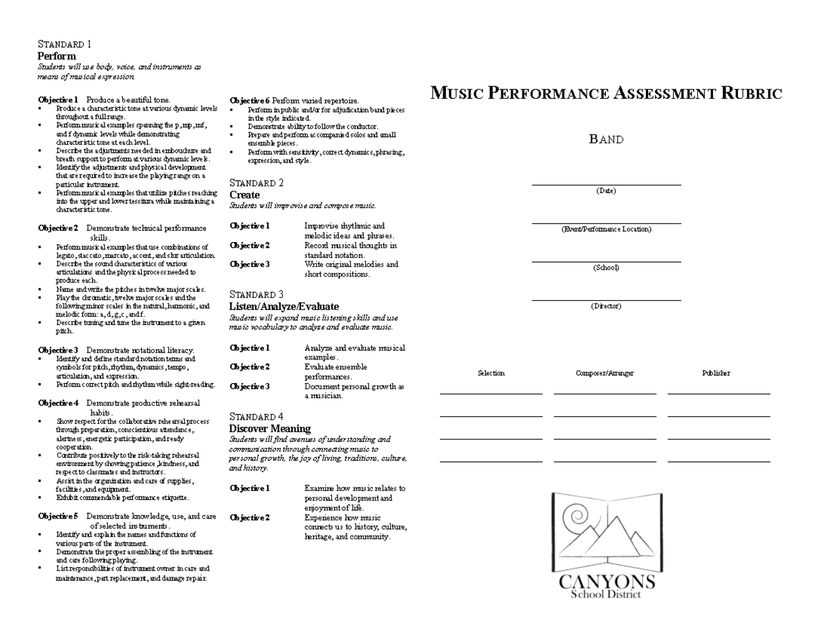 Band rubric csd - Hjjnnbbjjh - STANDARD 1 Perform ####### Students will ...