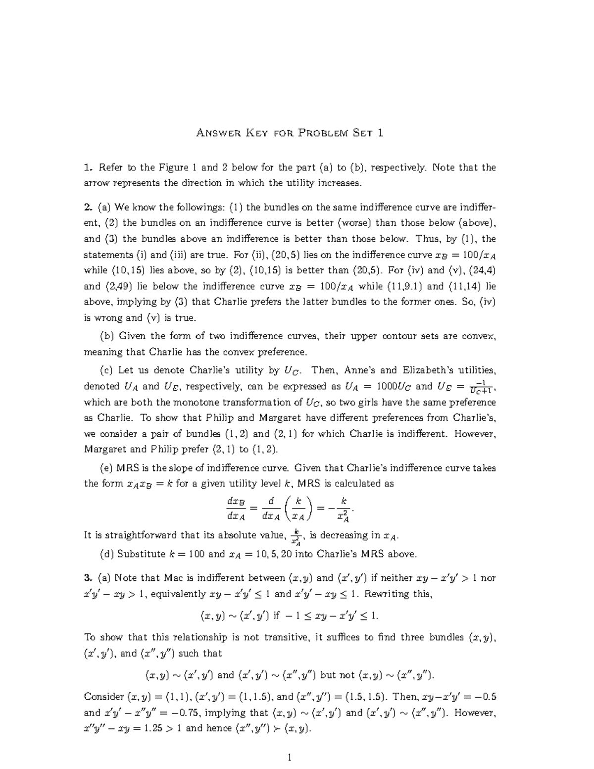 Ans1 - Answer 1 to assignment 1 - Answer Key for Problem Set 1 Refer to ...