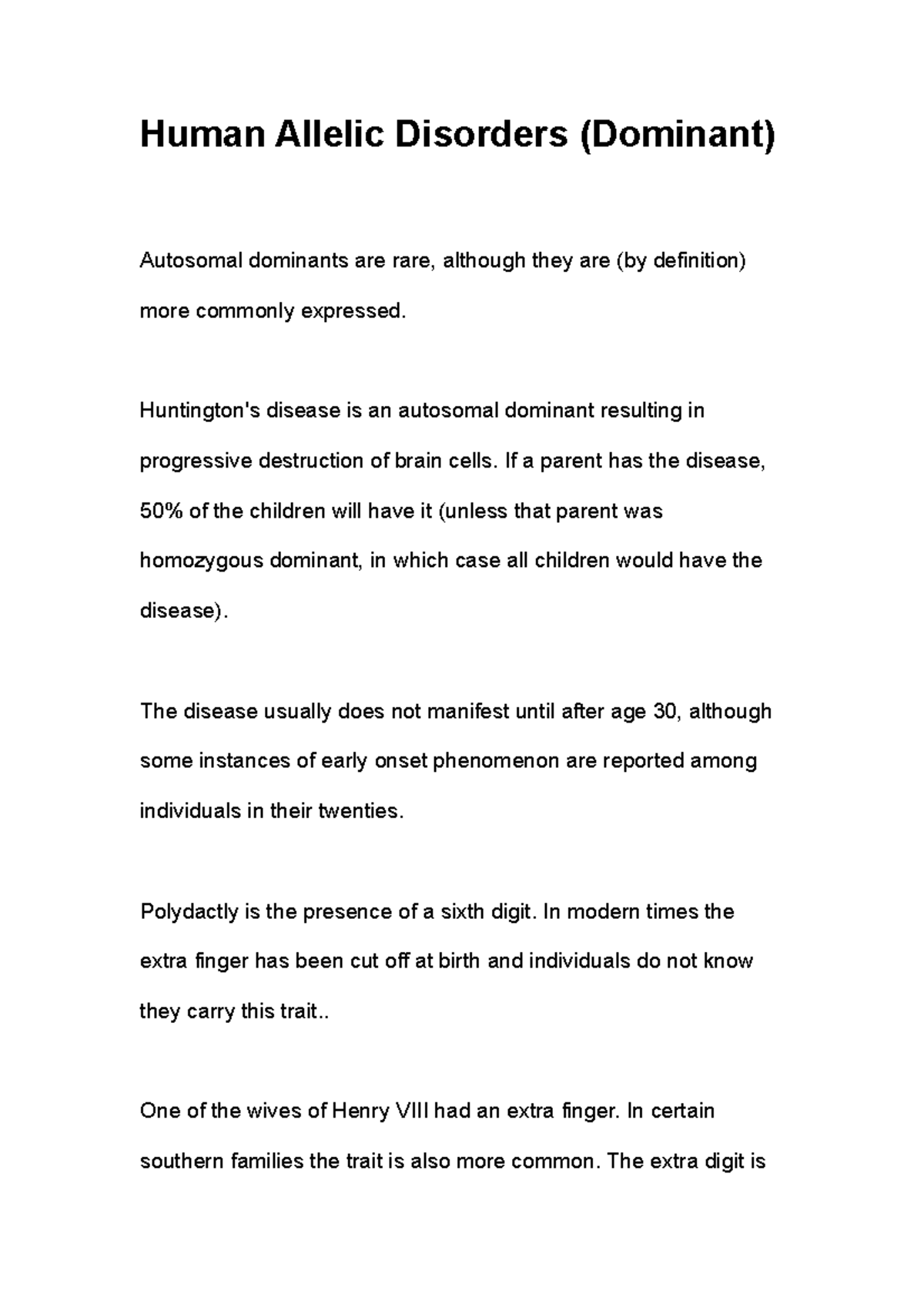 Human Allelic Disorders- Dominant - Human Allelic Disorders (Dominant ...