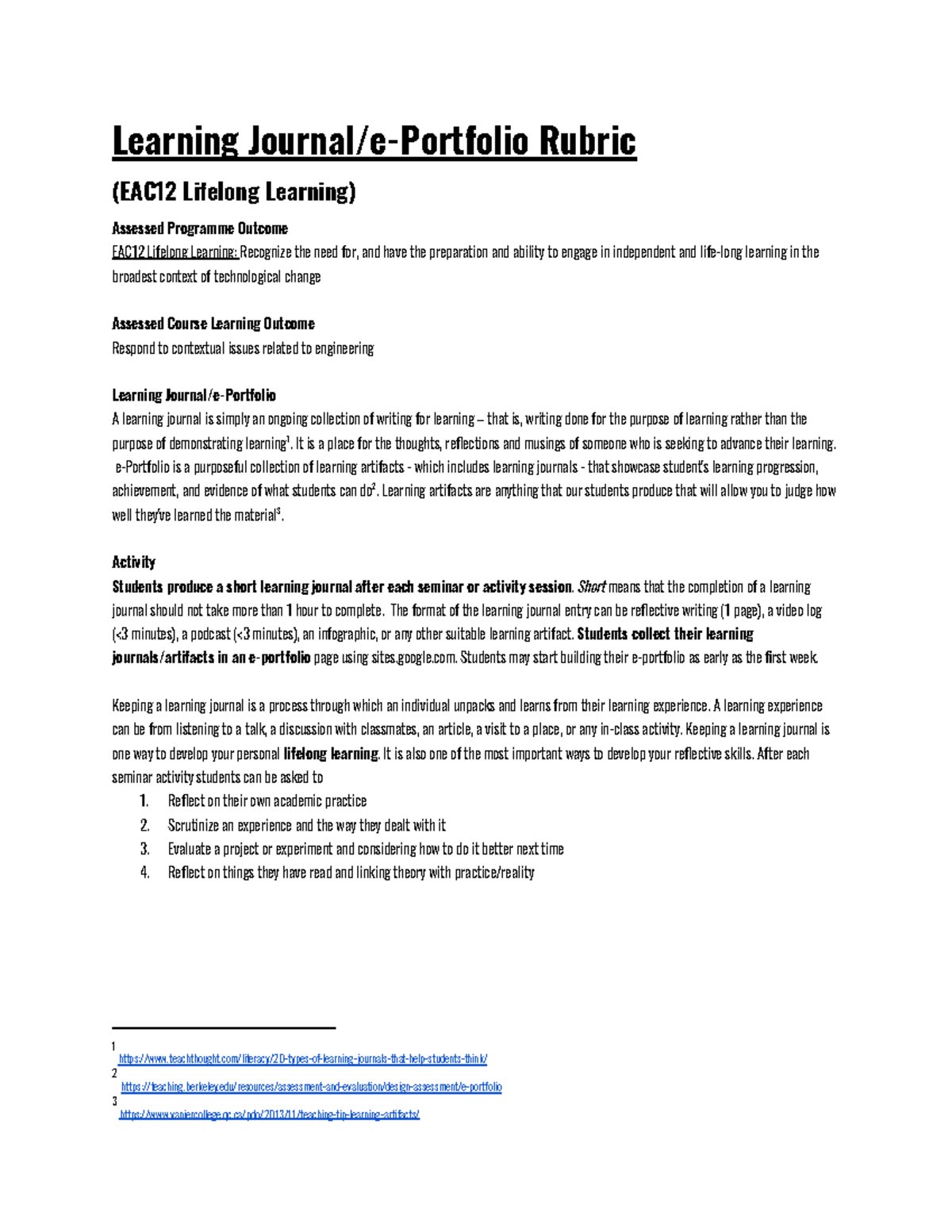 ENG3101 Rubric - Learning Journal e Portfolio Rubric - Learning Journal ...