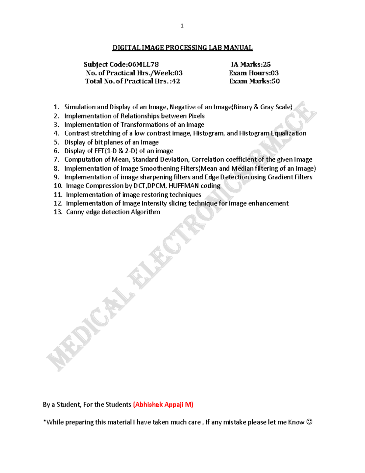 Dip Matlab Programs Digital Image Processing Lab Manual Subject Code06mll78 Ia Marks No Of