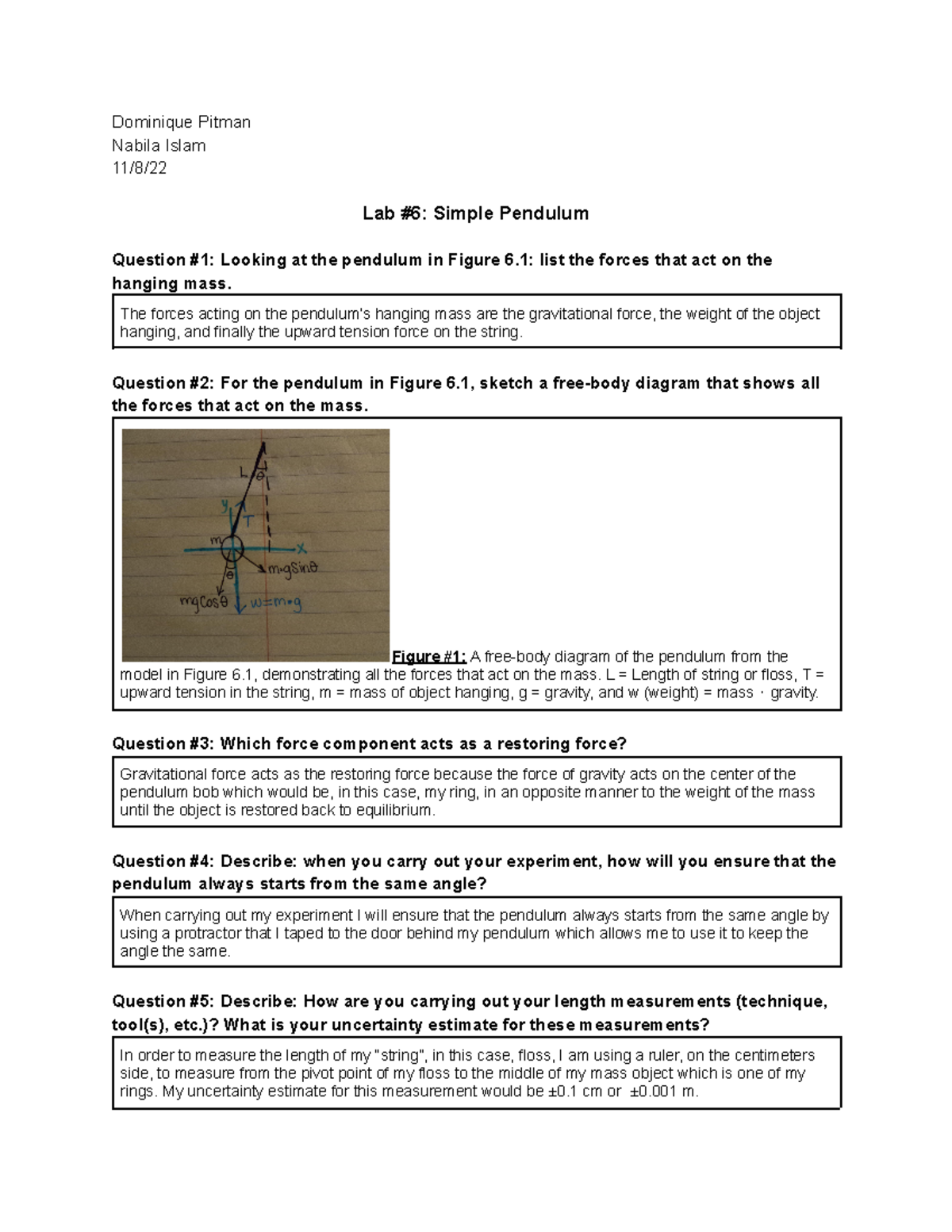 Lab #6 Simple Pendulum - Dominique Pitman Nabila Islam 11/8/ Lab #6 ...