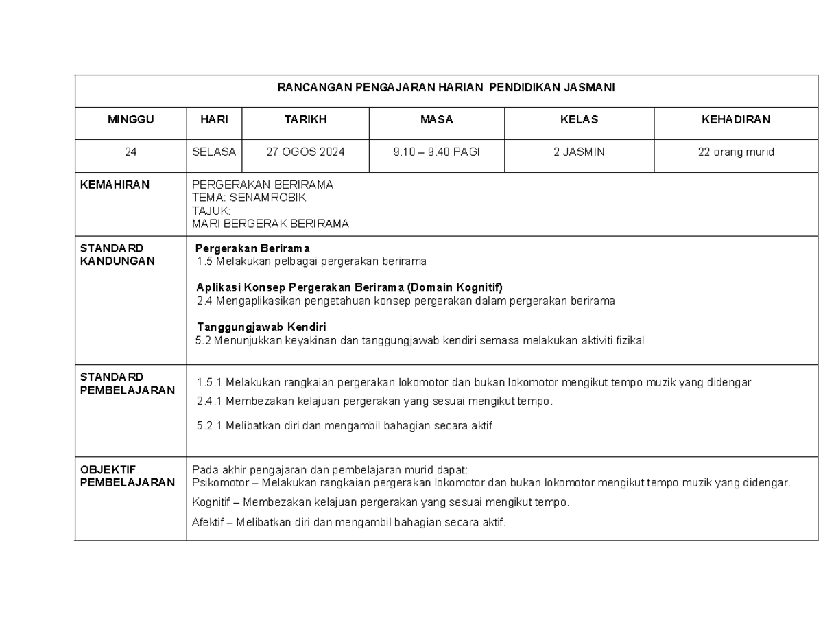 RPH PJ Minggu 24 ( Selasa) - RANCANGAN PENGAJARAN HARIAN PENDIDIKAN ...