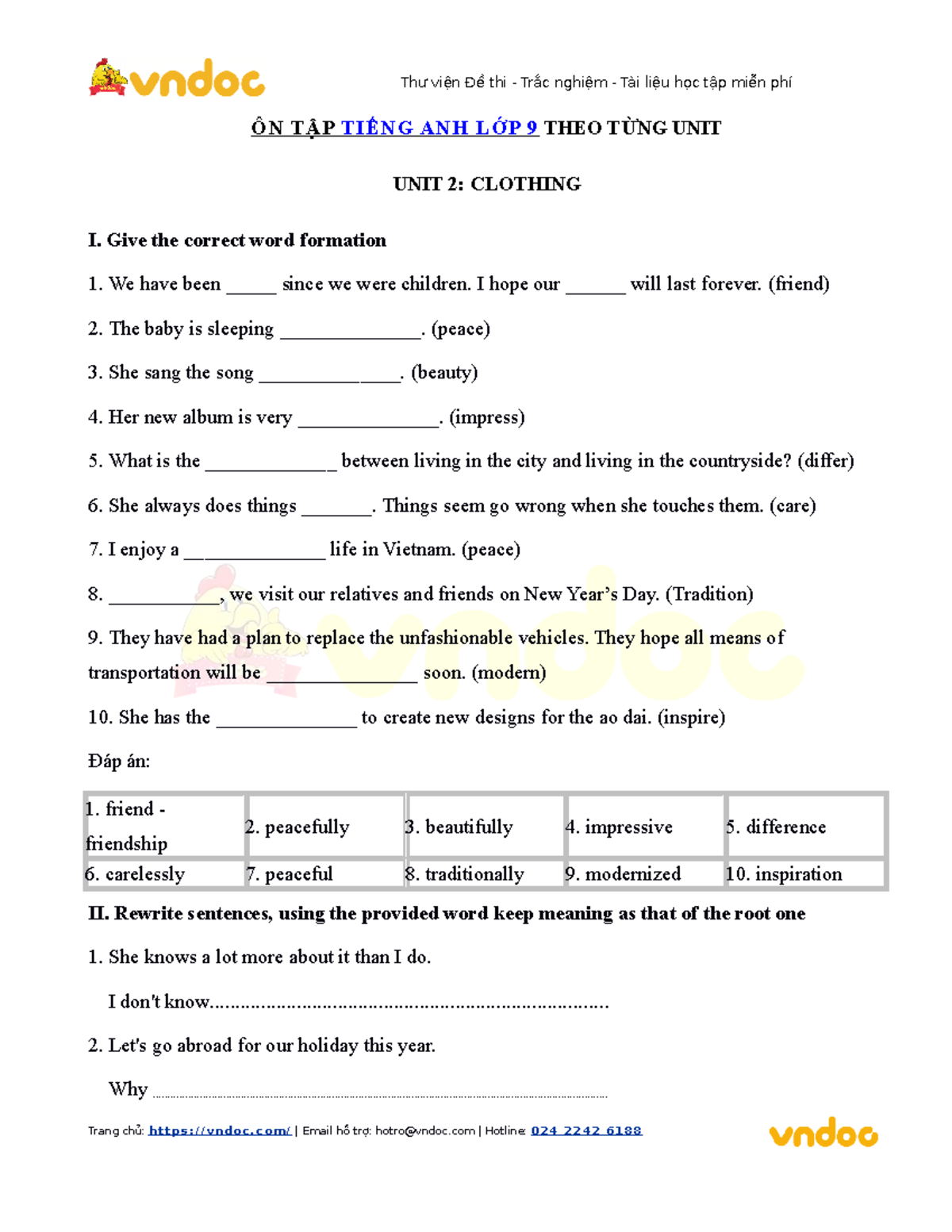 Bai tap tieng anh lop 9 unit 2 clothing - ÔN TẬP TIẾNG ANH LỚP 9 THEO TỪNG UNIT UNIT 2: CLOTHING ...