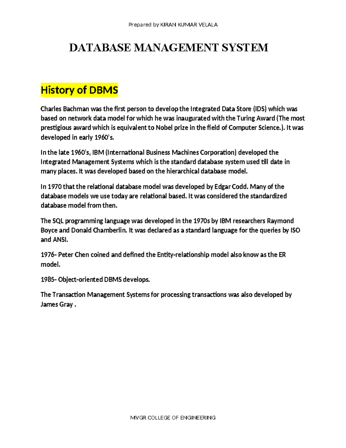 DBMS UNIT 1 Material Updated - DATABASE MANAGEMENT SYSTEM History of ...