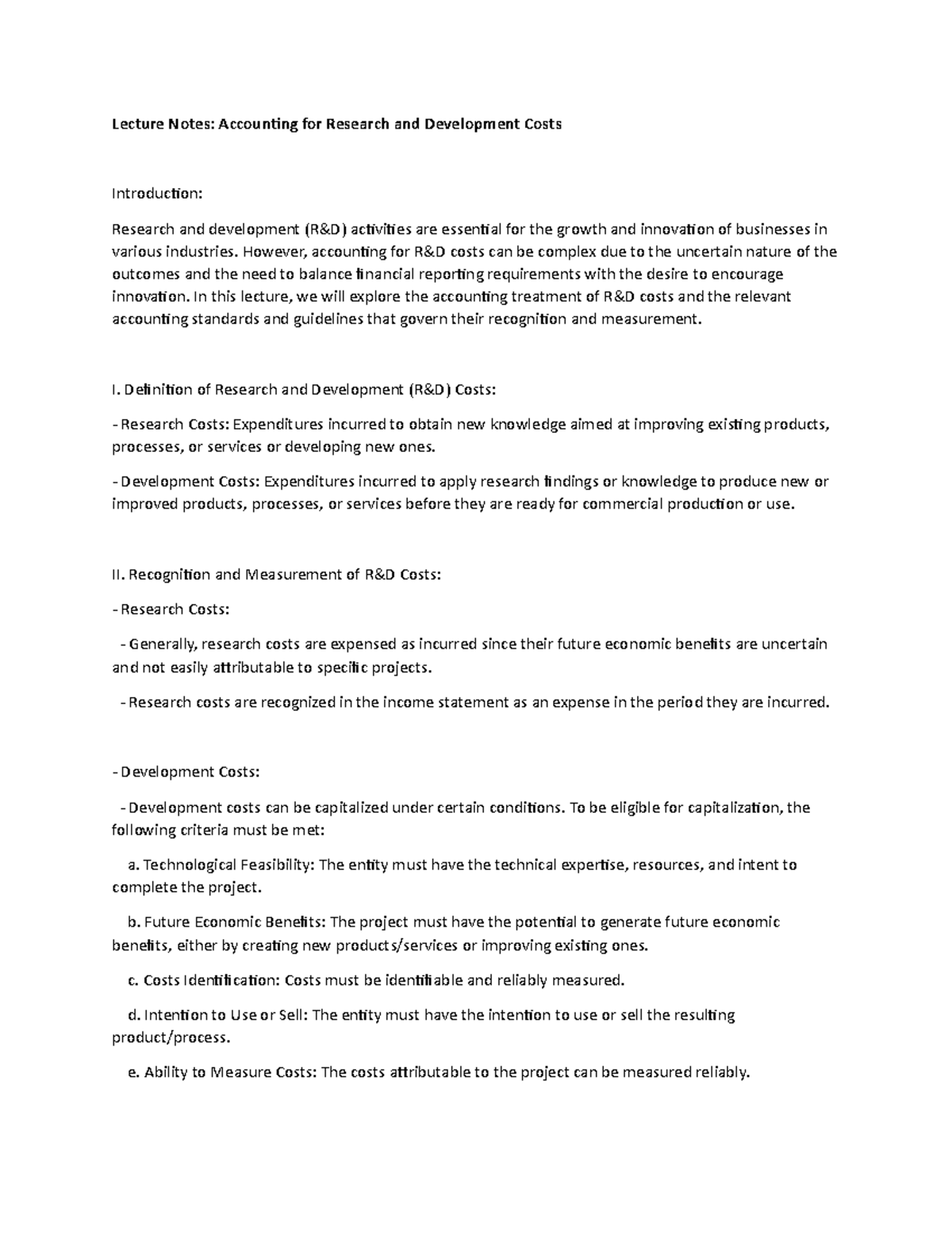 Lecture Notes Accounting For Research And Development Costs Lecture Notes Accounting For