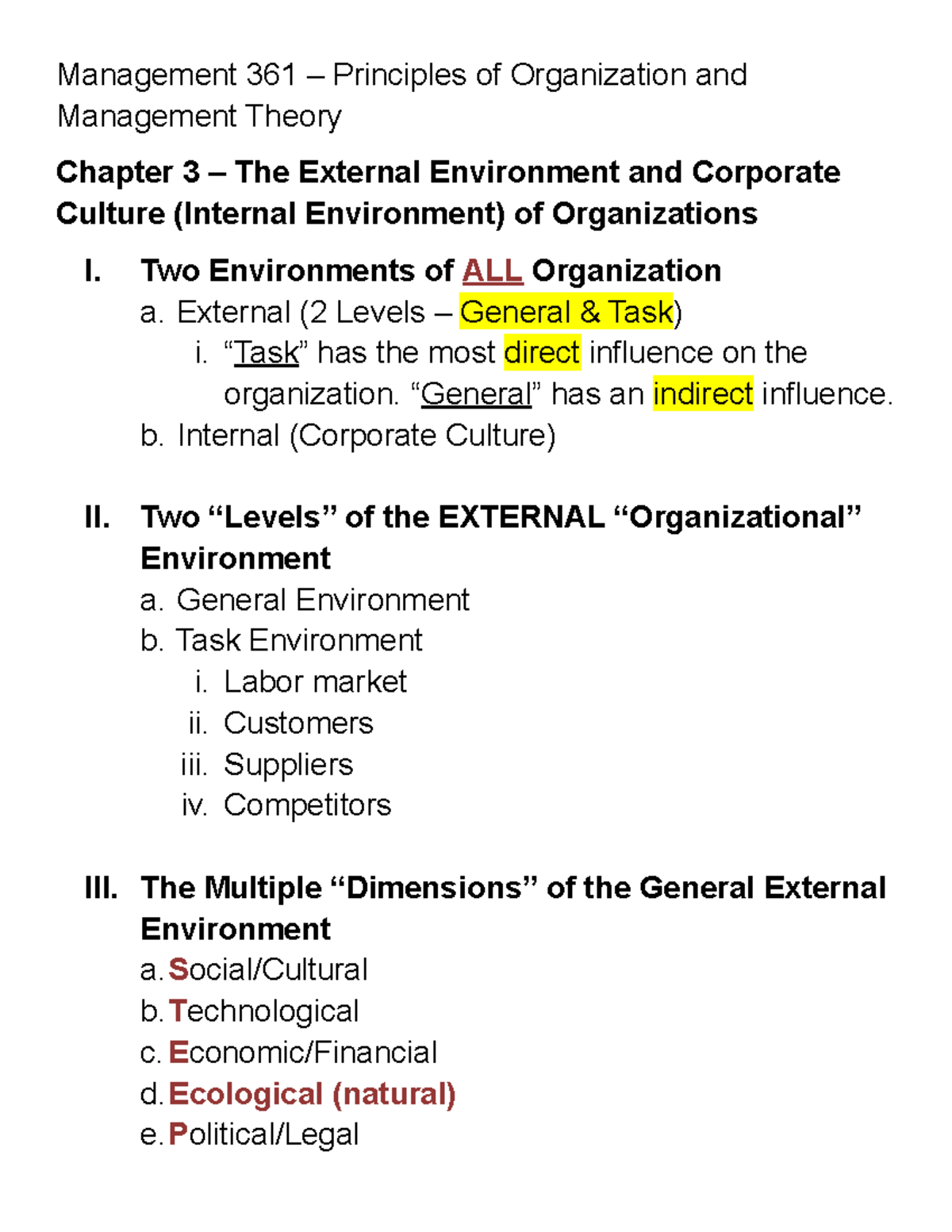 Chapter 3 Outline - Management 361 – Principles of Organization and ...