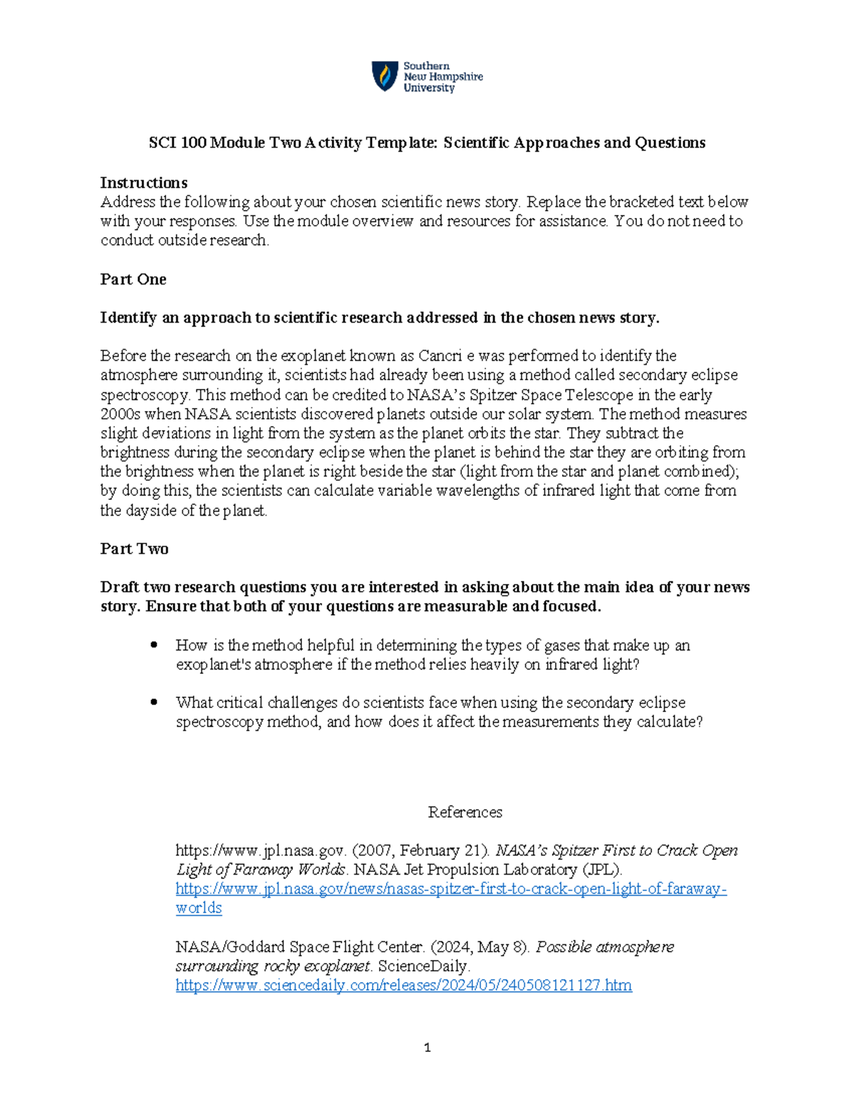 SCI 100 Module Two Activity Template - Replace the bracketed text below ...