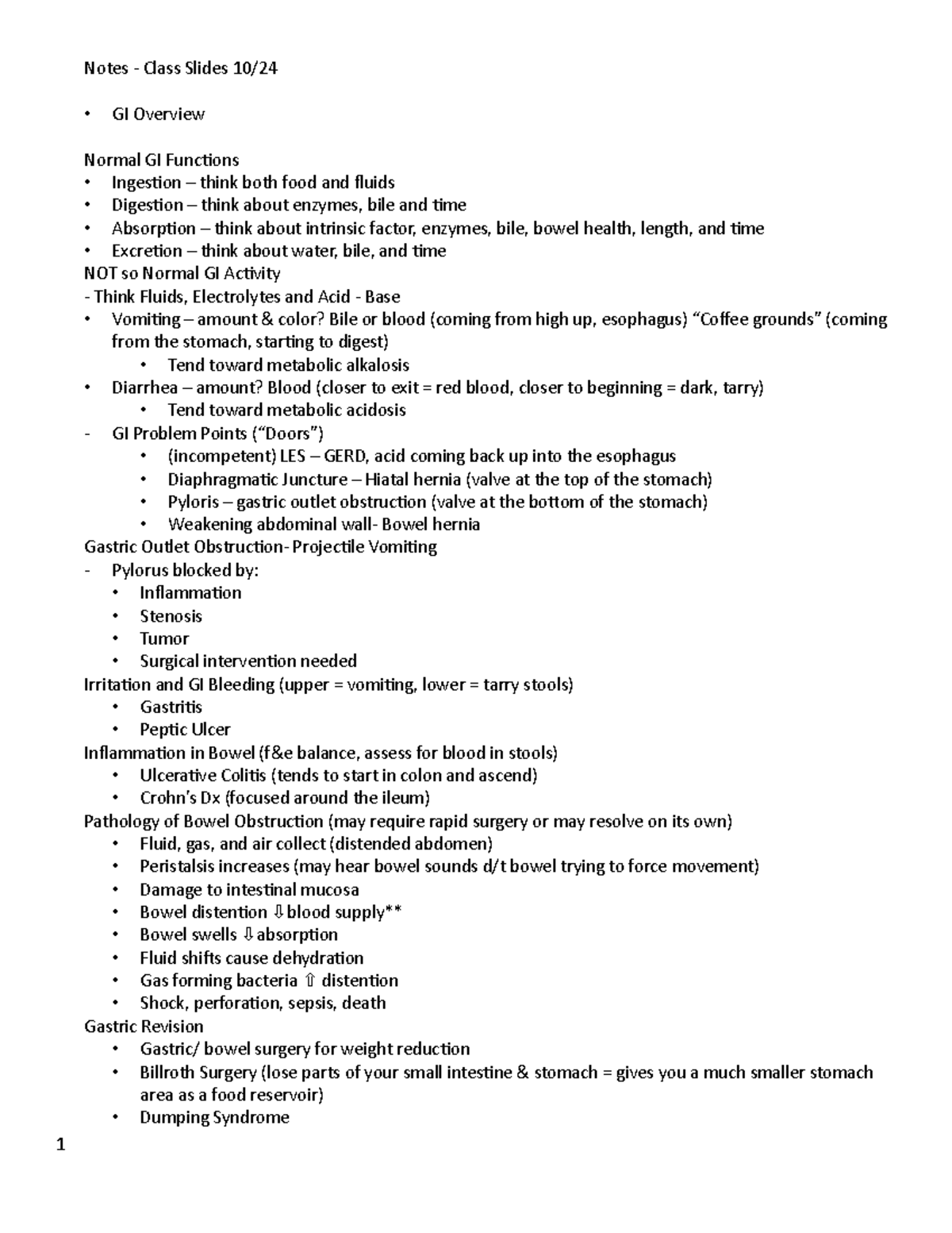 Gi Overview Notes - Notes - Class Slides 10/ GI Overview Normal GI ...