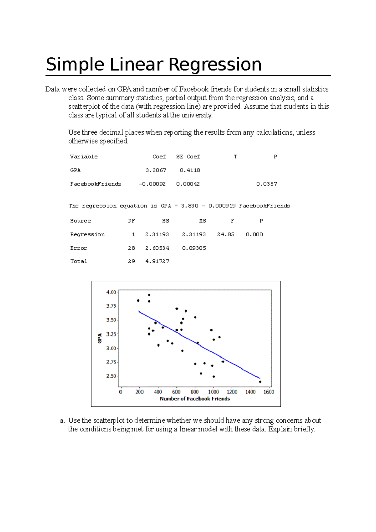 Sample/practice exam 2018, questions - Simple Linear Regression Data ...