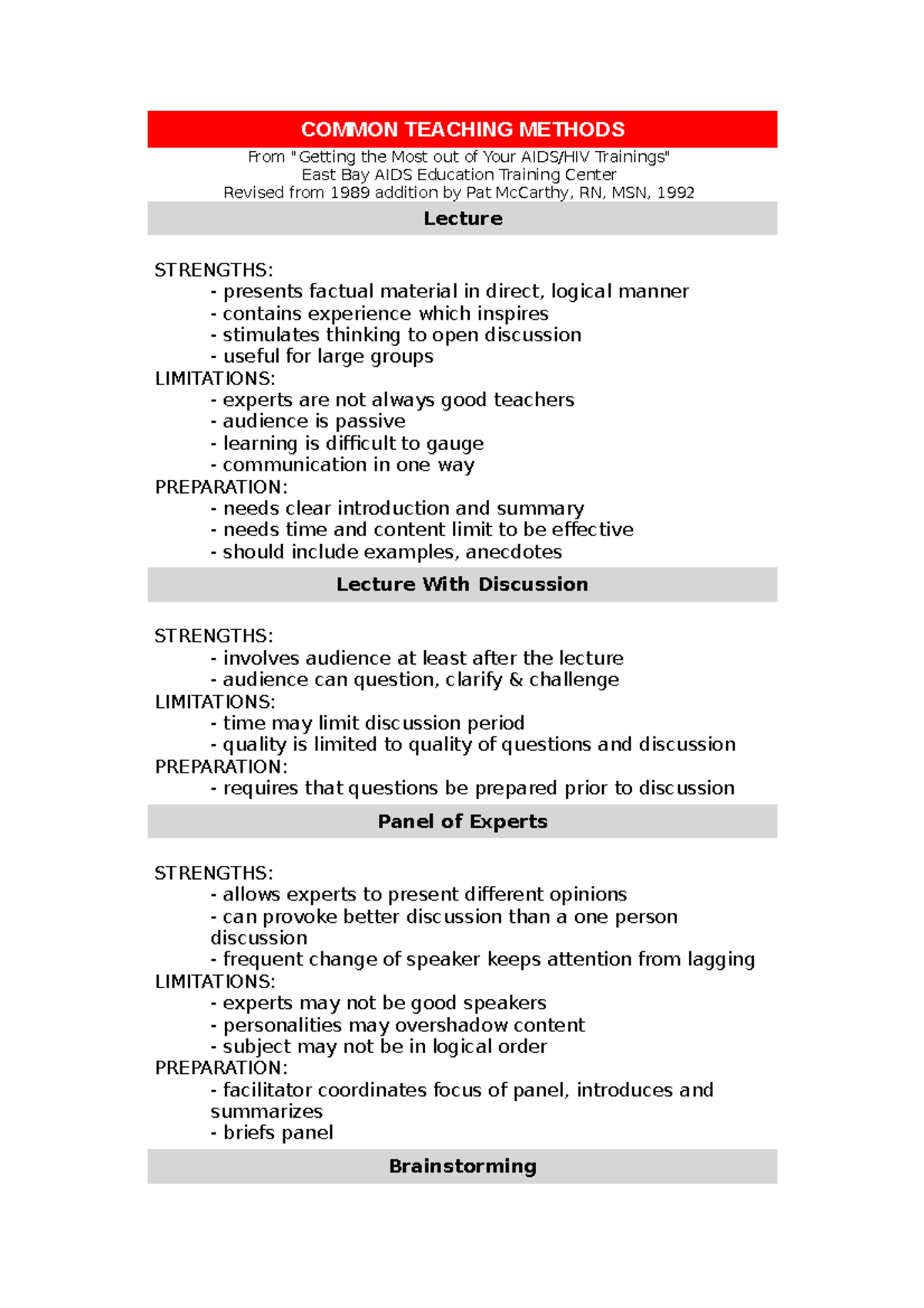 54830438 Common Teaching Methods - COMMON TEACHING METHODS From "Getting the Most out of Your ...