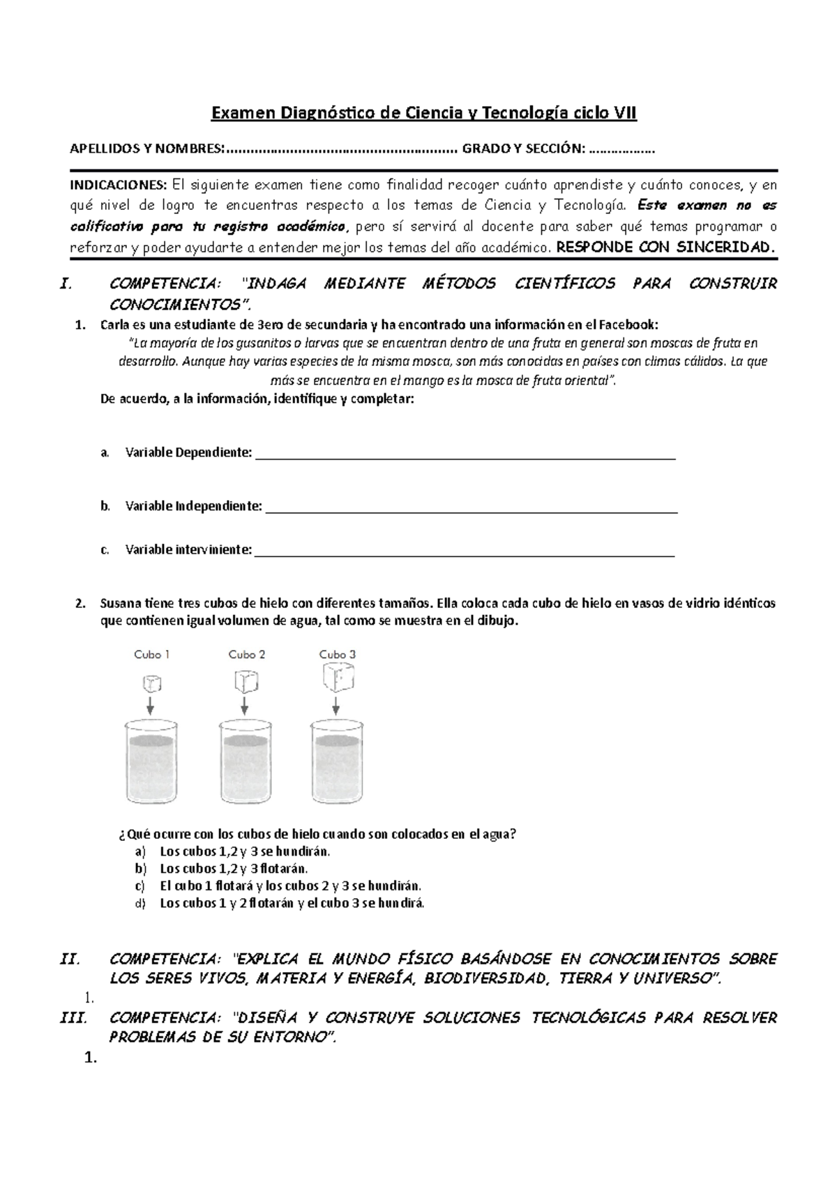 Examen Diagnóstico de Ciencia y Tecnología ciclo VII - Examen ...