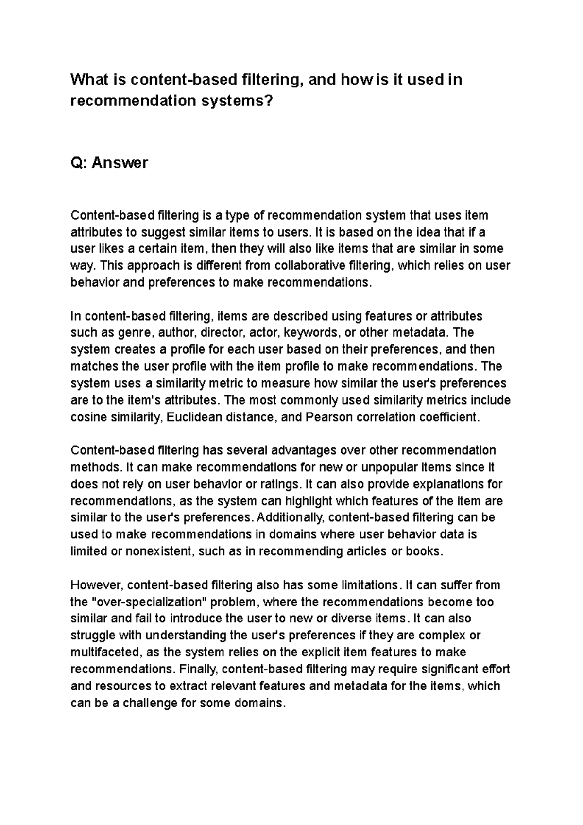 What is content-based filtering, and how is it used in recommendation ...