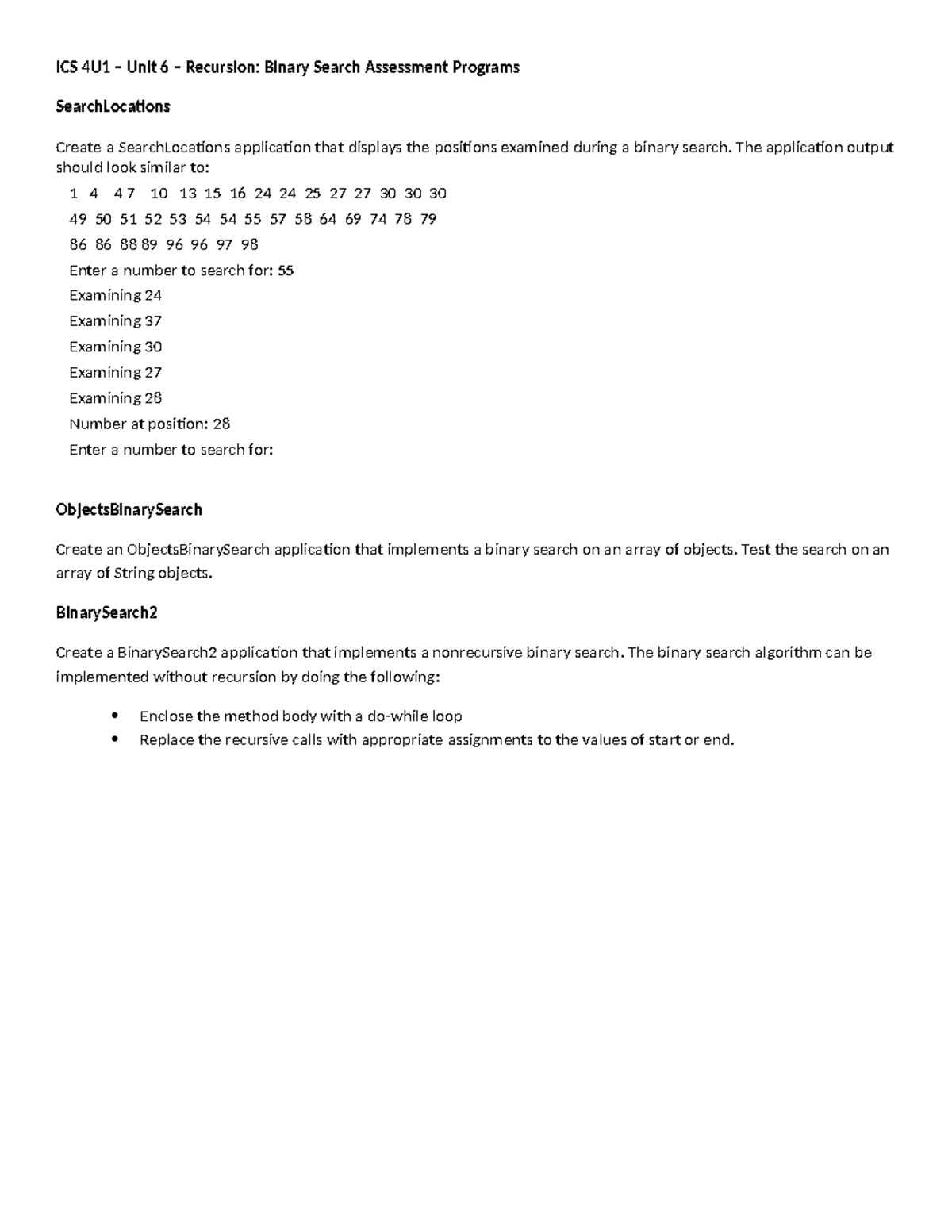 615 Recursion Binary Search Assessment Programs Ics 4u1 Unit 6