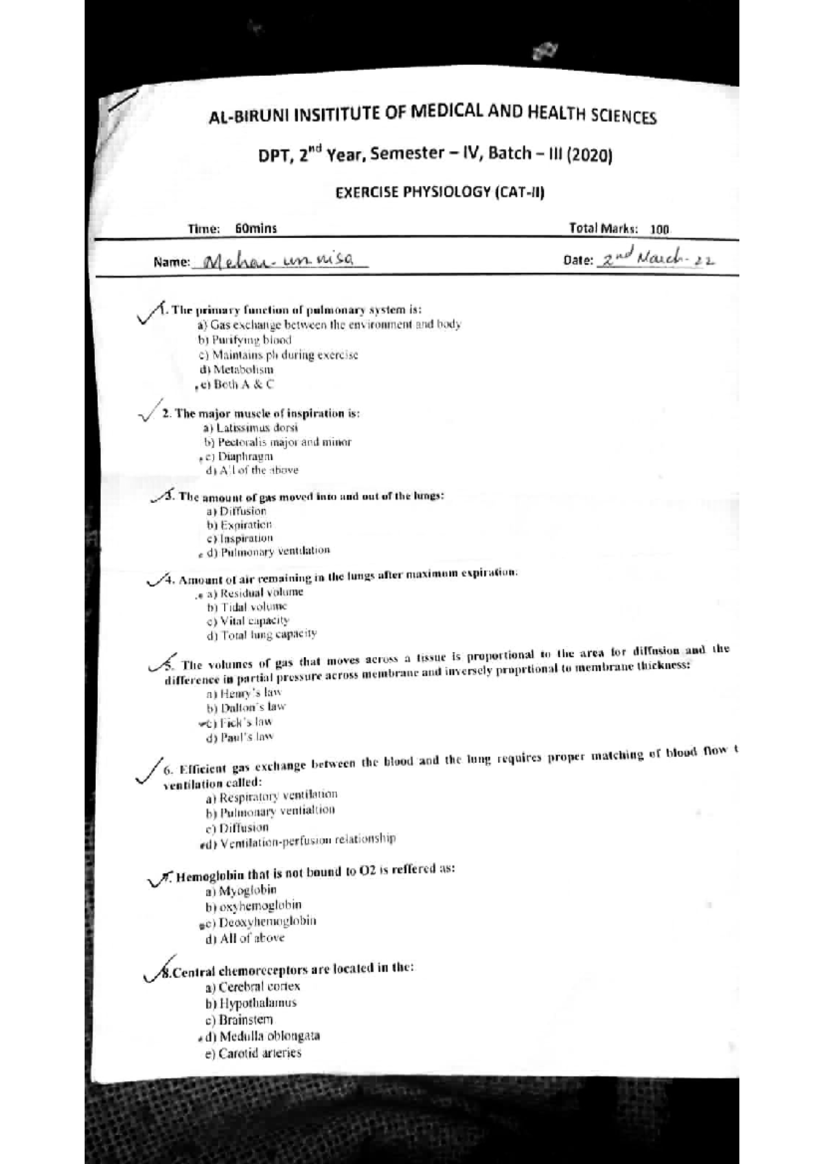 Exercise phy 4th mid alberuni - INSITITUTE OF MEDICAL AND HEALTH ...