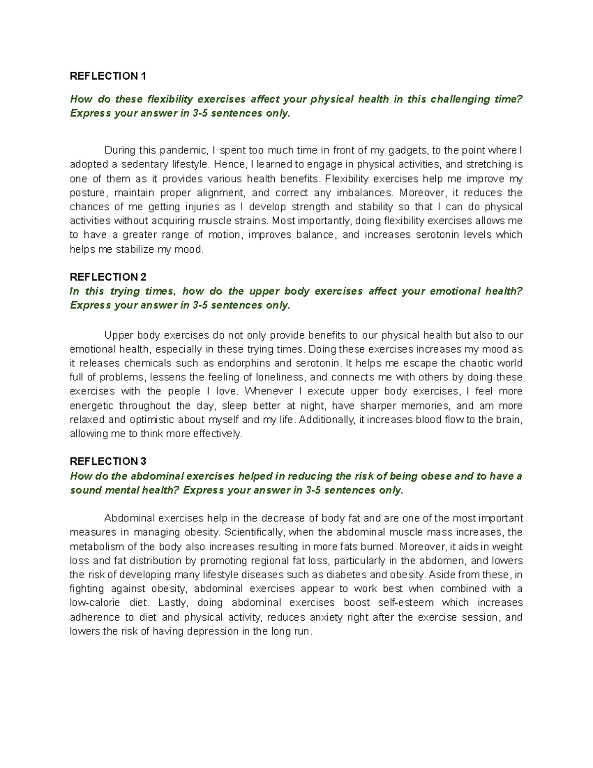 Pathfit - Swimming physical education - REFLECTION 1 How do these ...