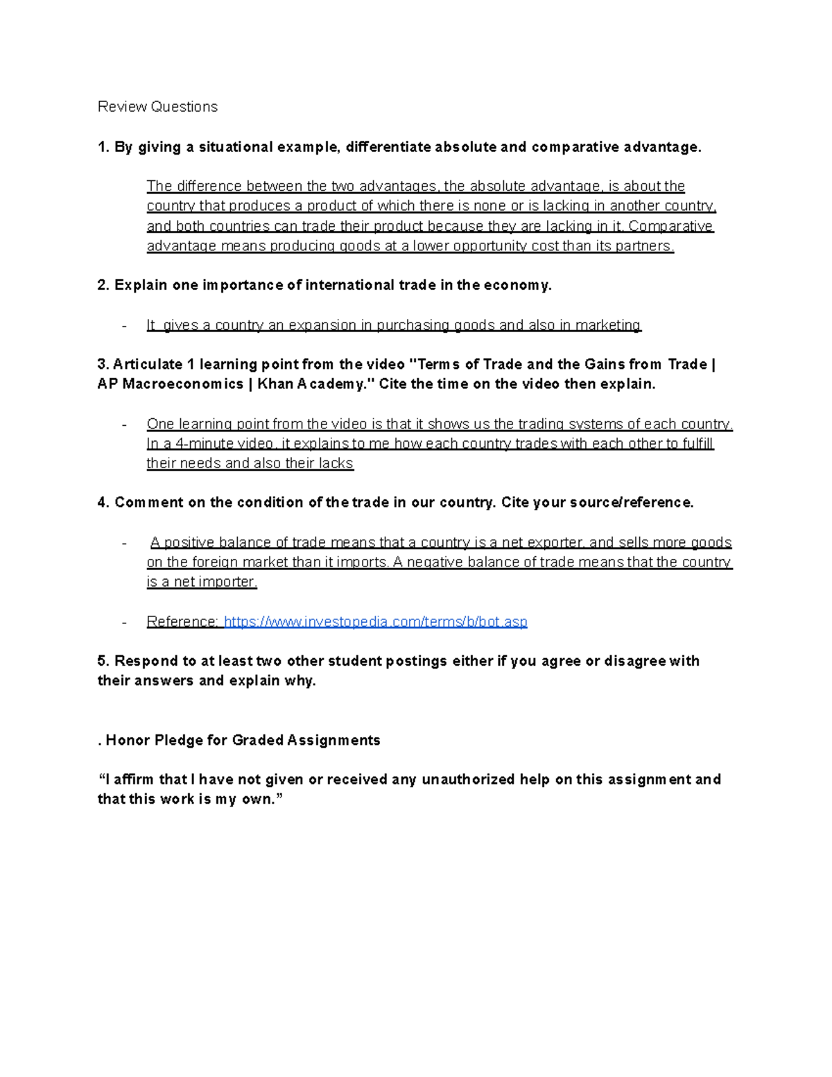 Assignment 1.1 terms of trade and the gains from trade- Baltazar-2 ...